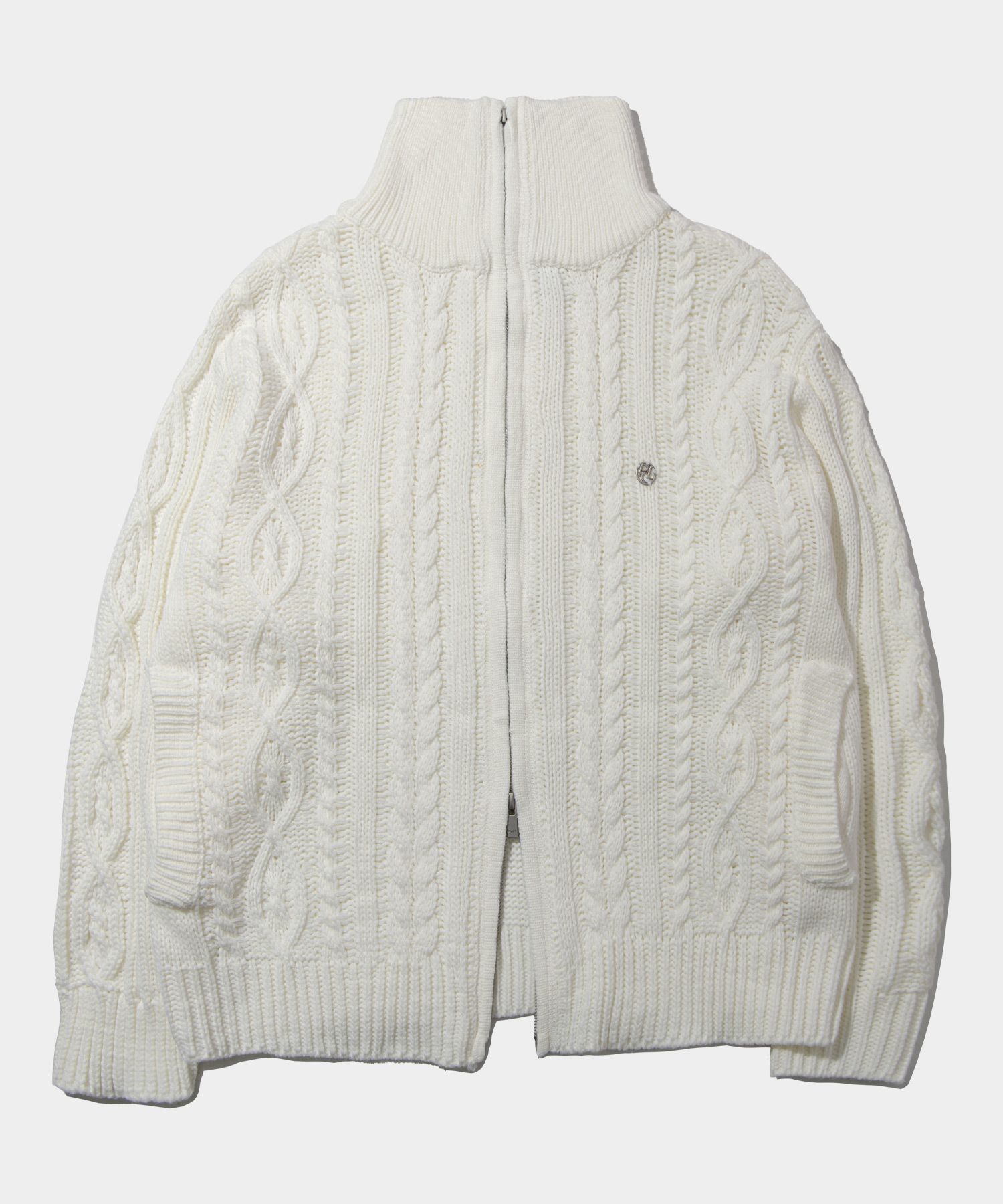 MUSINSA | PLACE STUDIO High neck overfit two-way cable knit full zip-up cardigan [ivory]