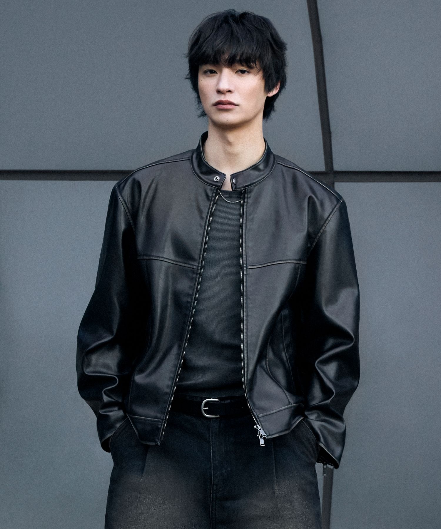 MUSINSA | MUSINSA STANDARD Faded Synthetic Leather Racer Jacket [Black]