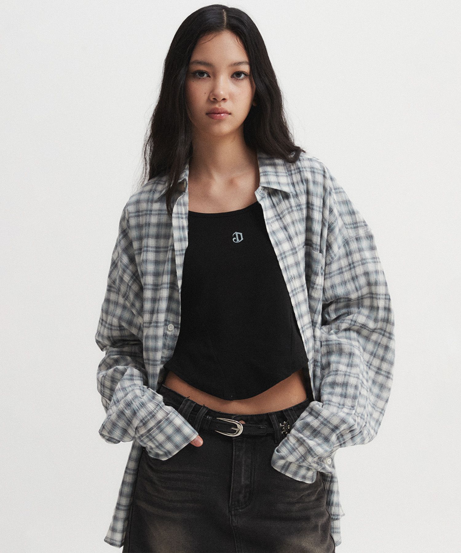 MUSINSA | DNSR WOMEN Oversized vintage check shirt blue