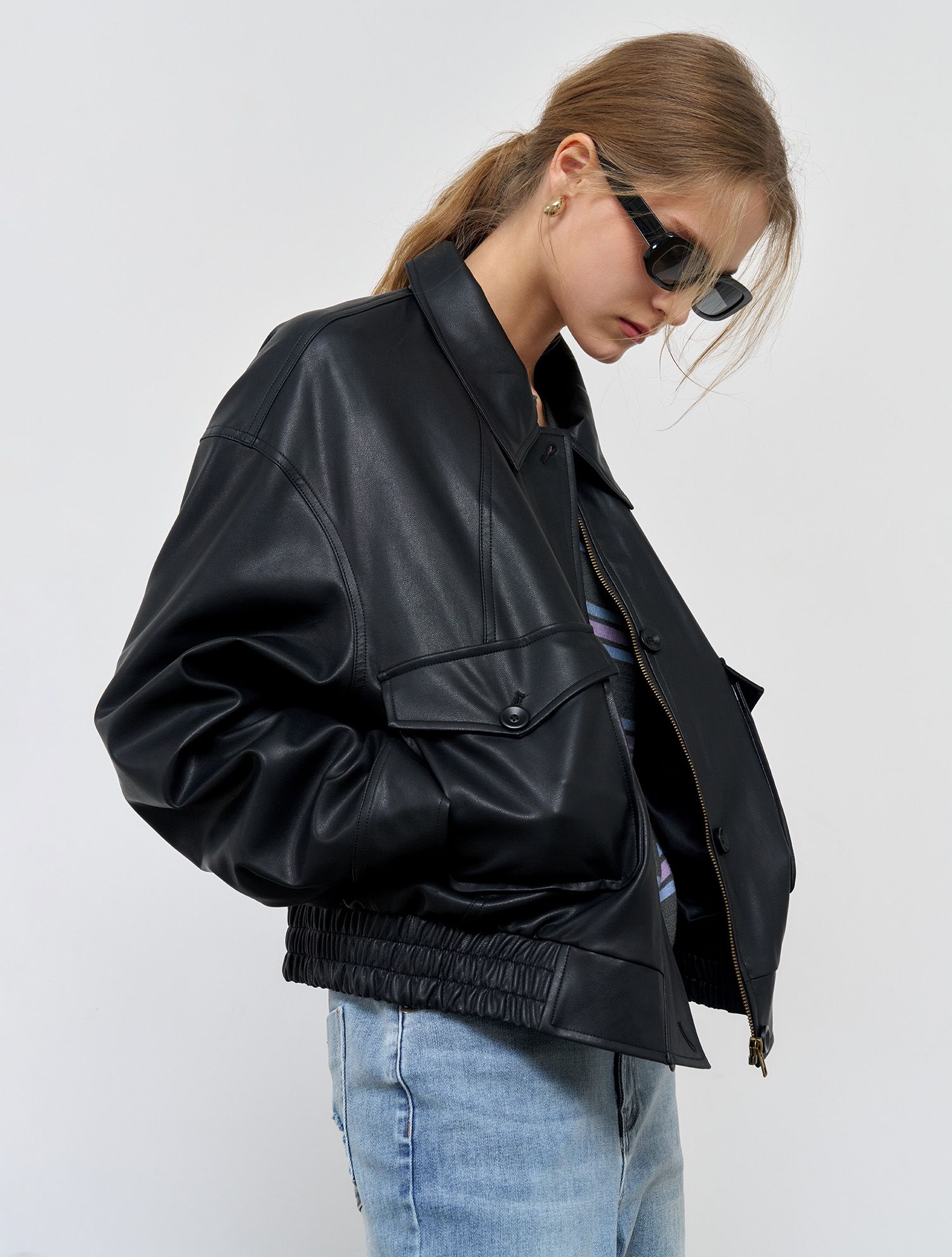 MUSINSA | GENERAL IDEA Eco Leather Placket Blue Jacket [BLACK] / WBE1L07501