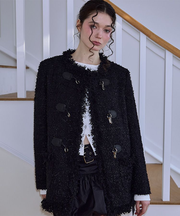 MUSINSA公式 | ROSÉ FRANTZ Buckle Fringe Tweed Jacket [Black]