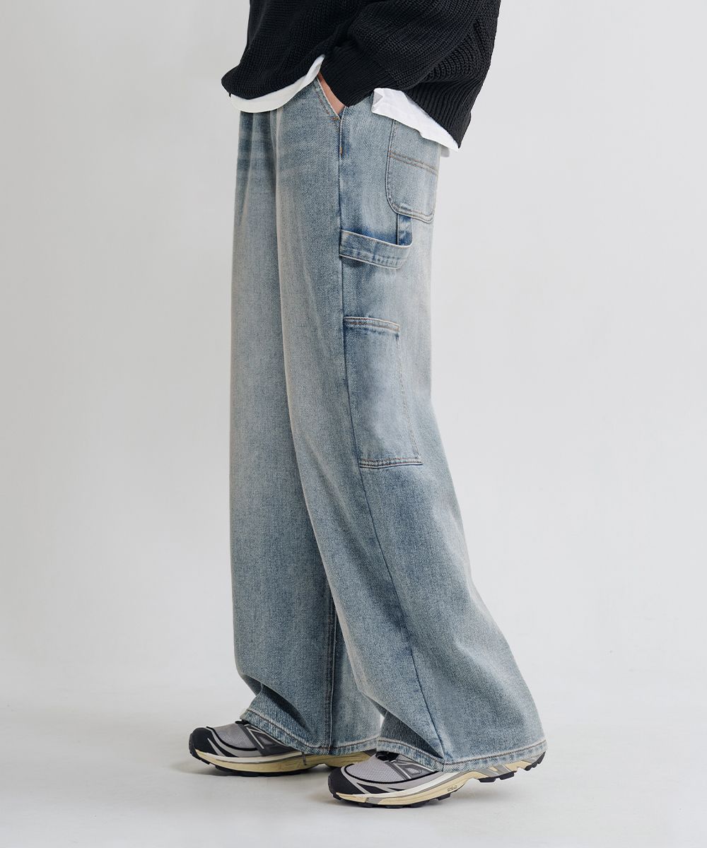 MUSINSA | LEMAIN SECOND Vintage catwash wide carpenter denim banding pants [light blue]