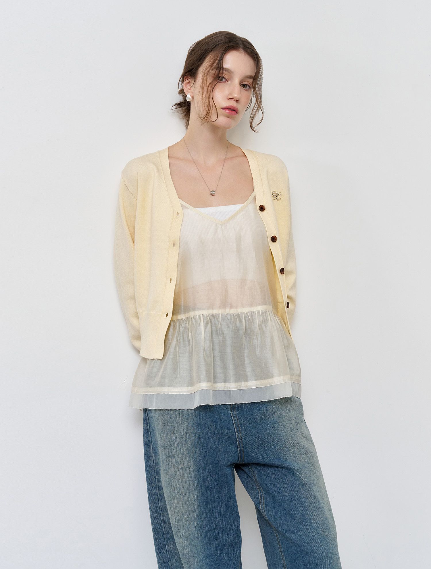 MUSINSA公式 | GENERAL IDEA Sheer Layered Shirring Blouse [CREAM] / WBE1L03508