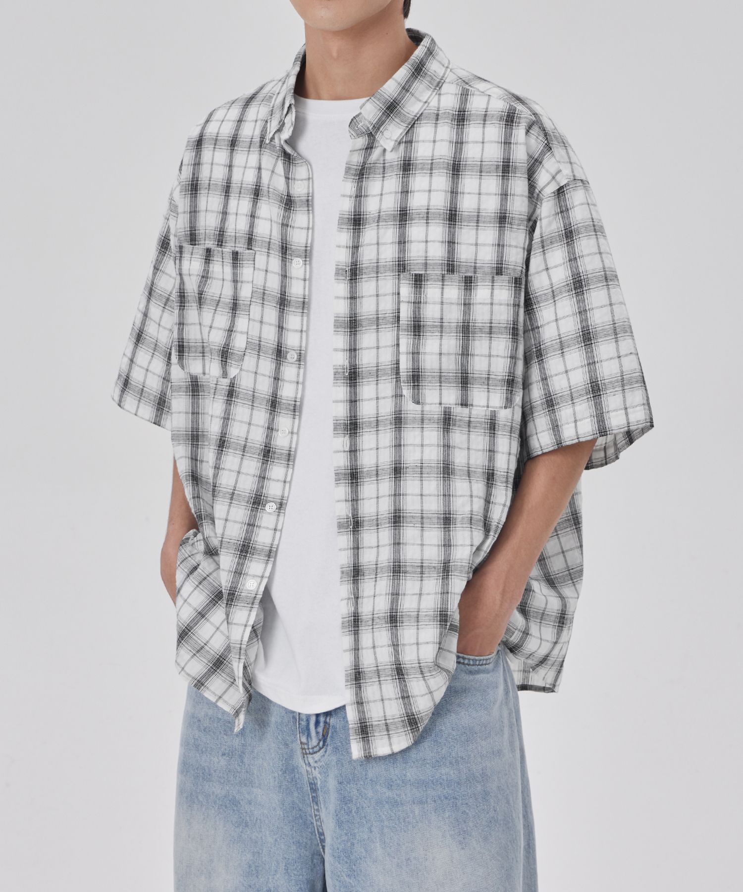 MUSINSA | GLW Oversized fit vintage two-pocket check half shirt gray