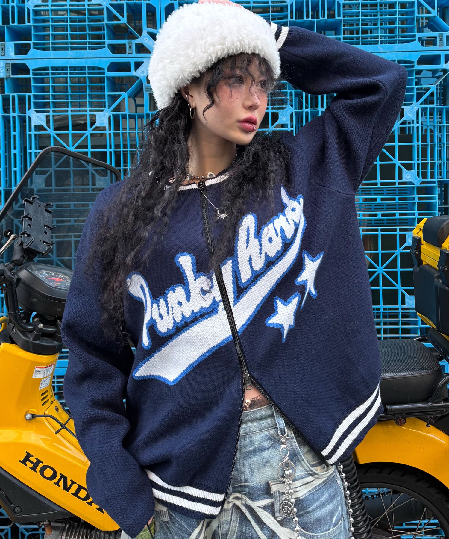 MUSINSA | GLACK GNT039 Funky Baseball Zip-up Knit (NAVY)