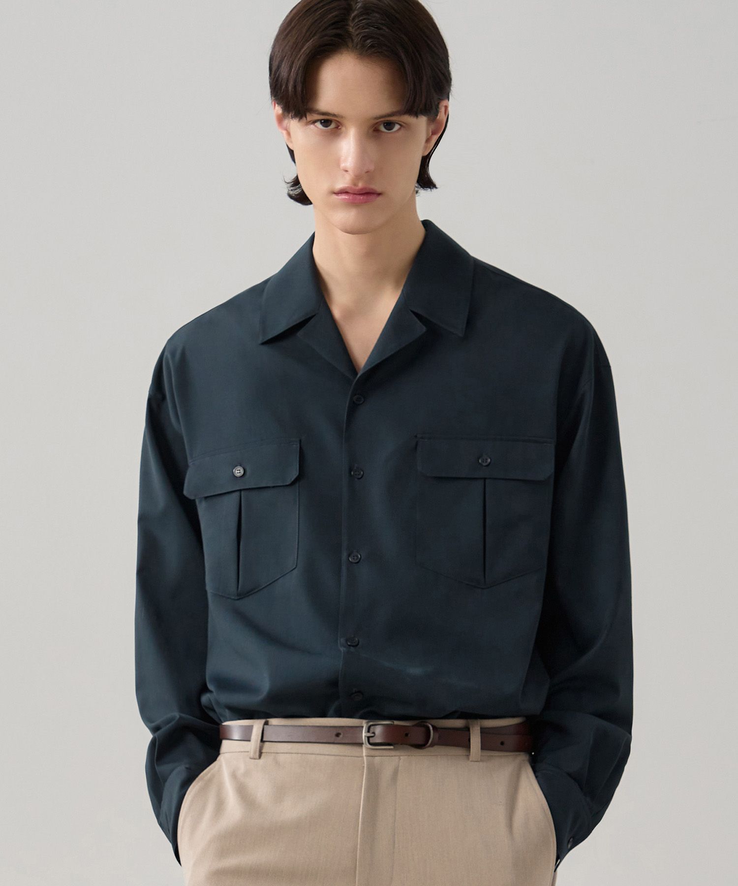 MUSINSA | DRAW FIT Luke Two Pocket Open Collar Shirt [NAVY]