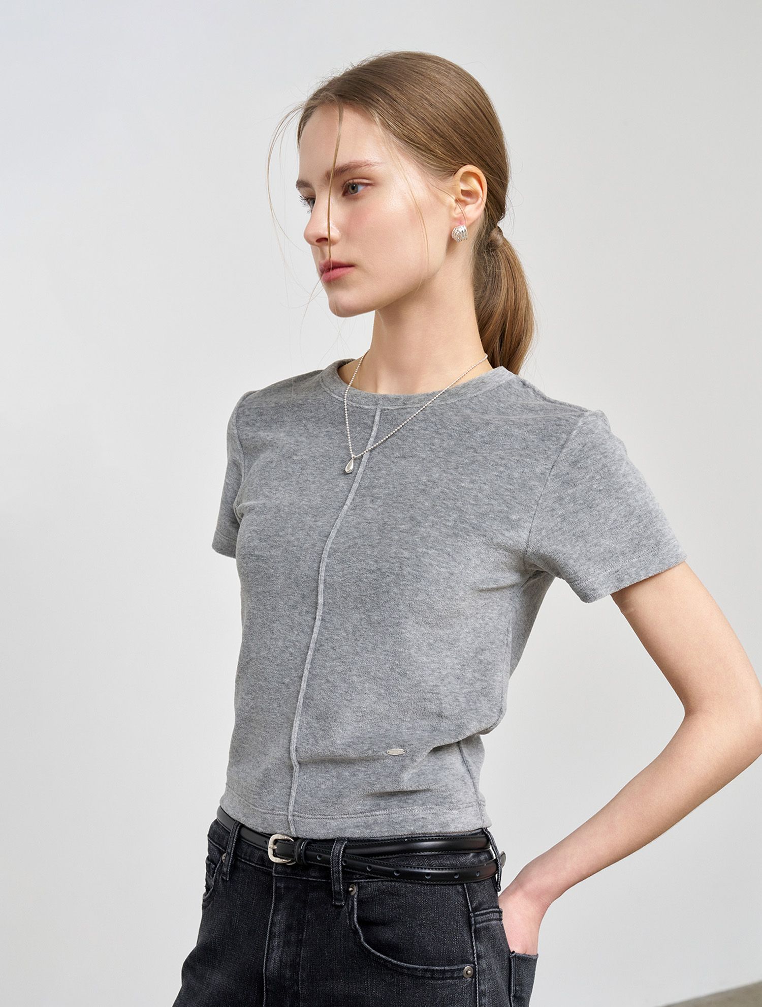 MUSINSA公式 | GENERAL IDEA Light Velour Pintuck Half T-shirt [MELANGE GREY] / WBE1L01516