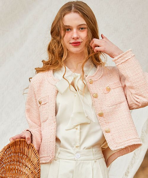 MUSINSA | KOLEAT Round Daily Stitch Tweed Jacket [BABY PINK]