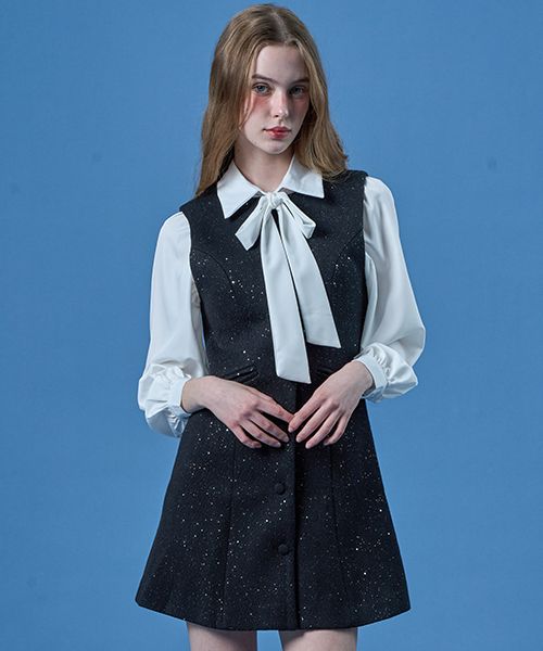 MUSINSA | KOLEAT Tweed spangle layered button mini dress [BLACK] KCL.