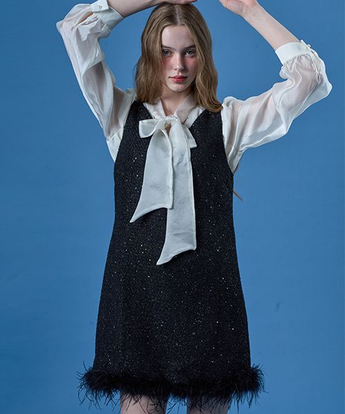 MUSINSA | KOLEAT Tweed Spangle Layered Feather Mini Dress [BLACK] KCL.