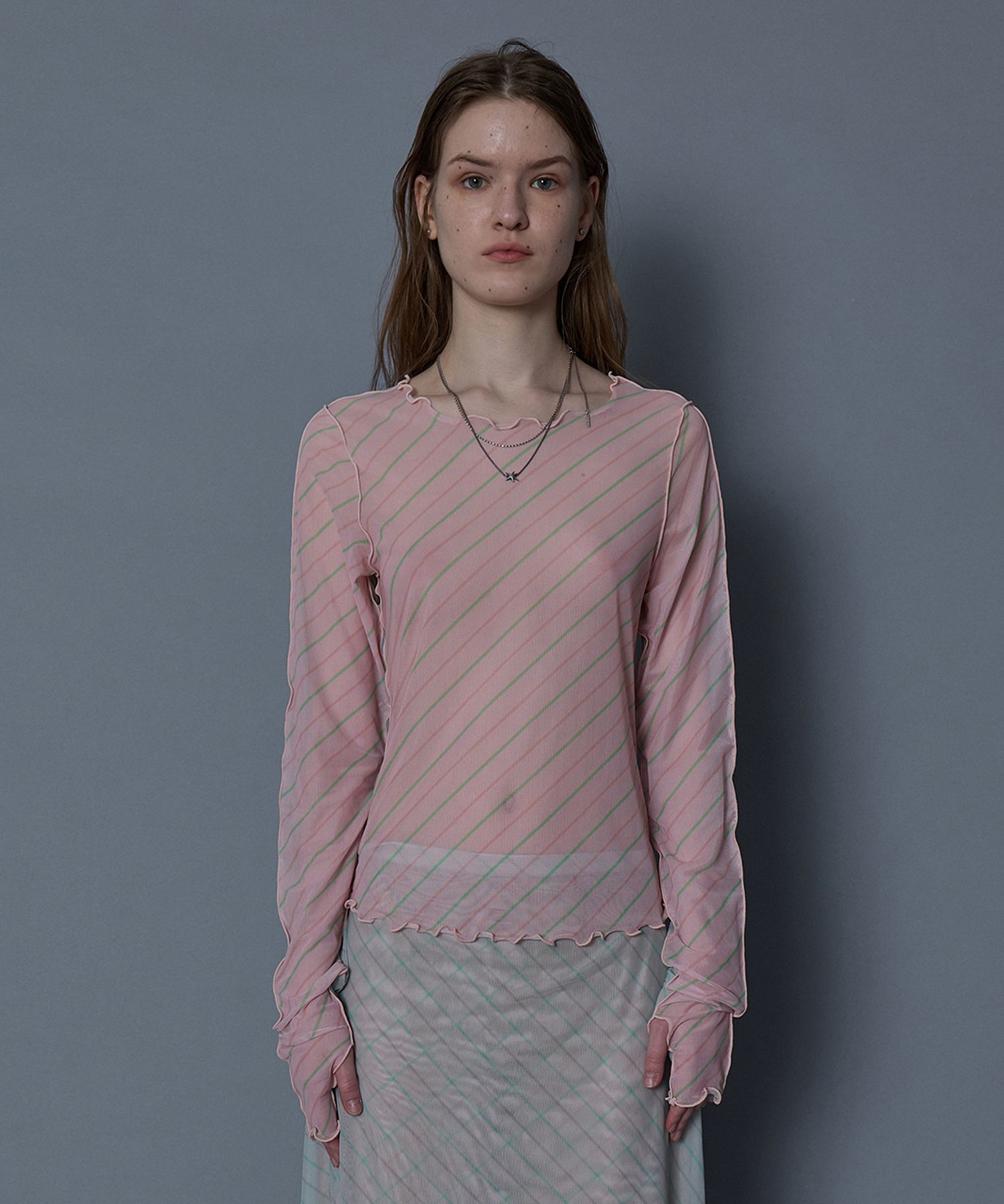 MUSINSA公式 | Gyeong Striped Mesh Top_Pink & Lime
