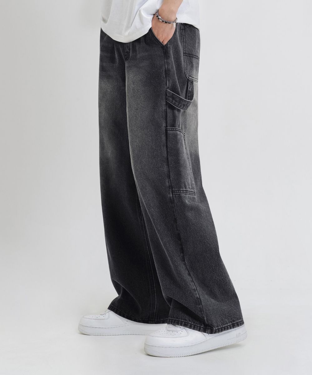 MUSINSA | LEMAIN SECOND Vintage Washed Wide Carpenter Denim Banding Pants [Black]