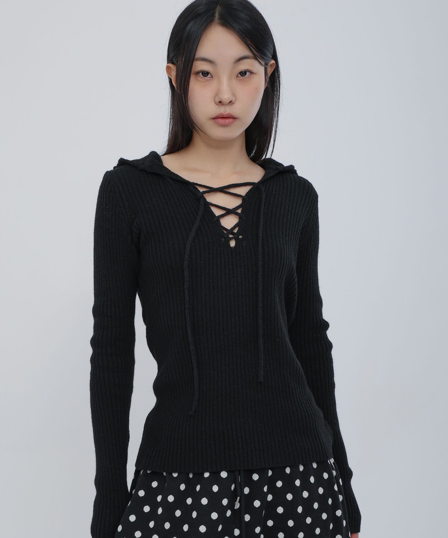 MUSINSA公式 | CHICKS String Knit Hood Long Sleeve Black