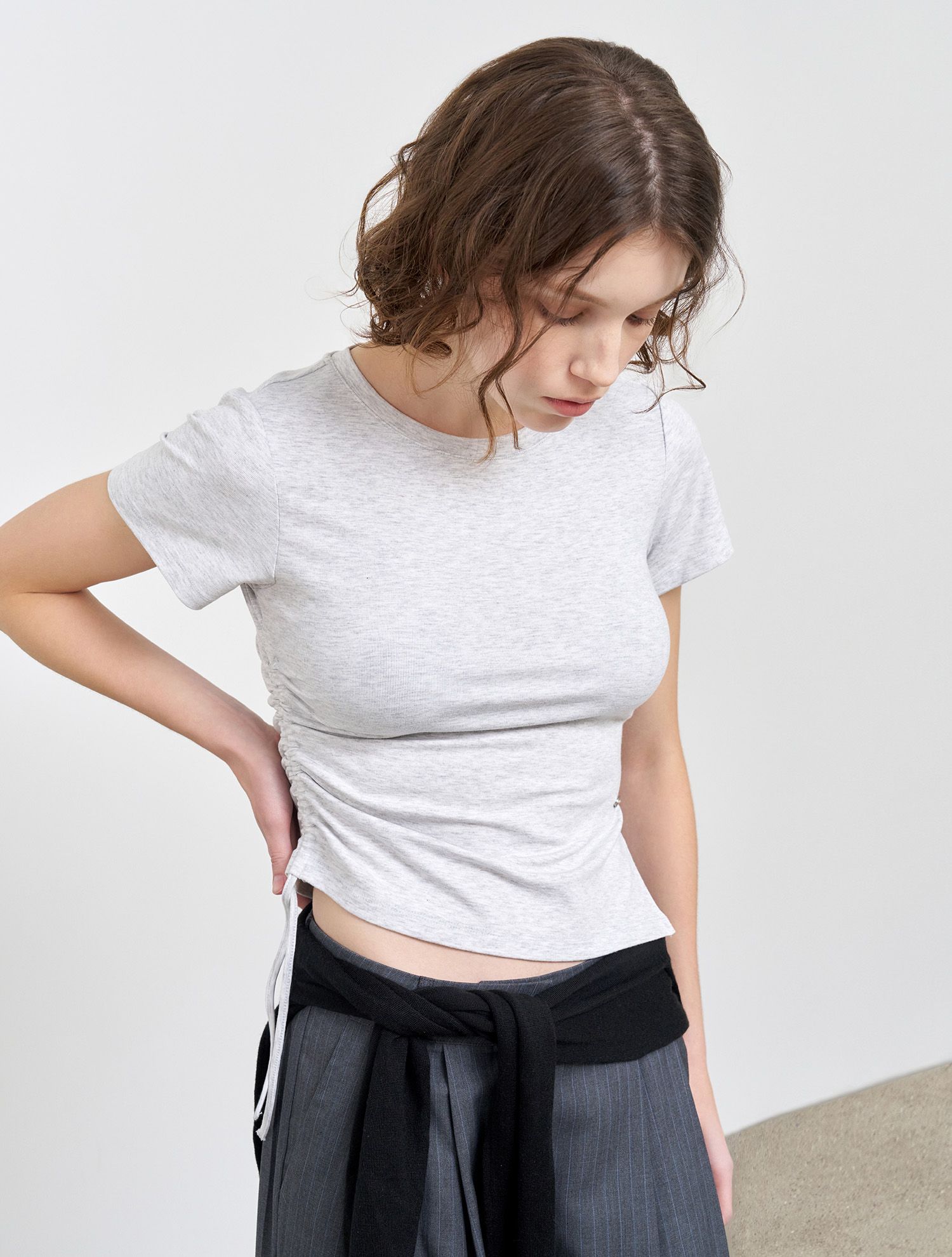 MUSINSA | GENERAL IDEA Shirring Half T-shirt [MELANGE GREY] / WBE1L01501