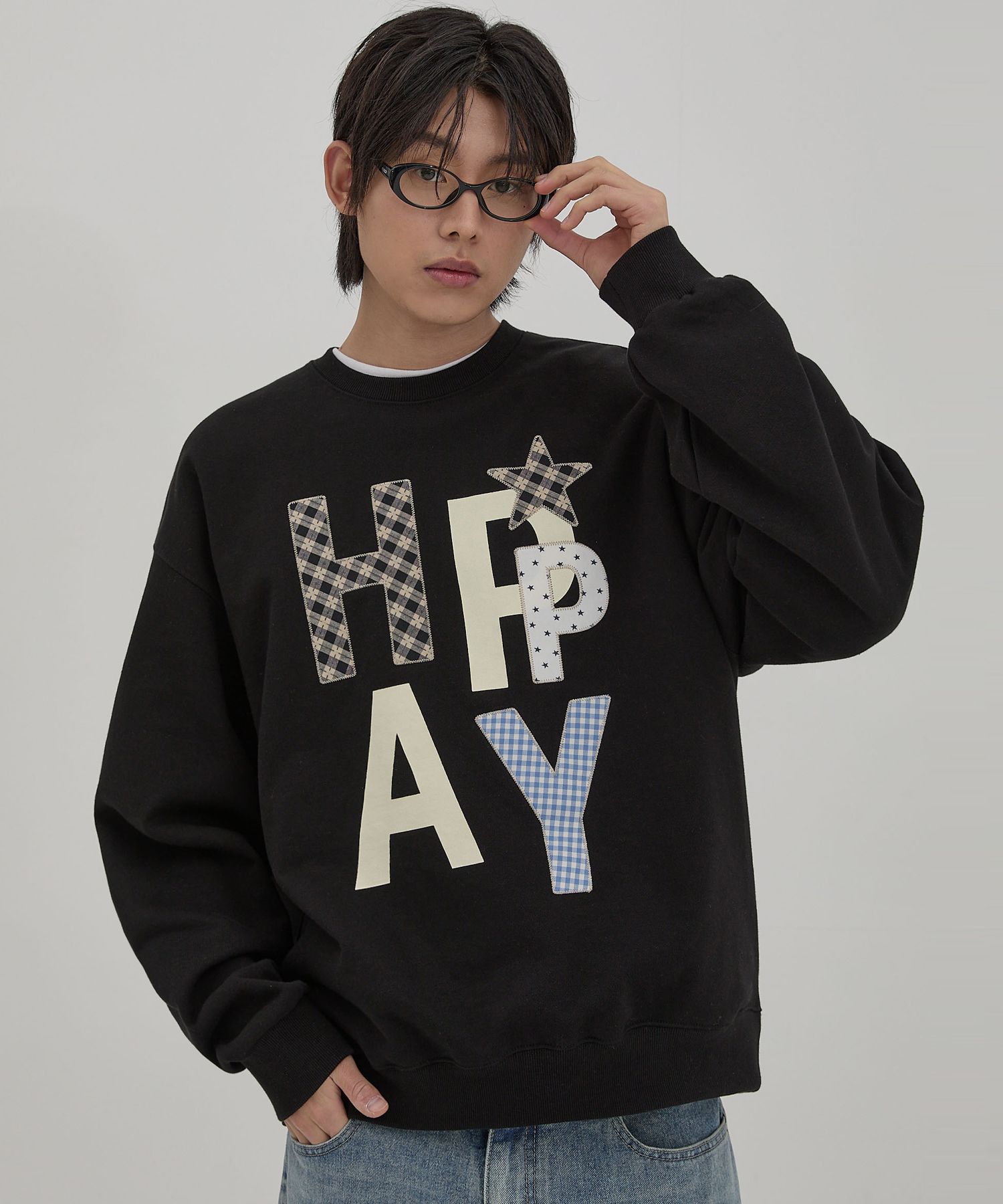 MUSINSA公式 | WAI KEI HAPPY Patchwork Man to Man Black