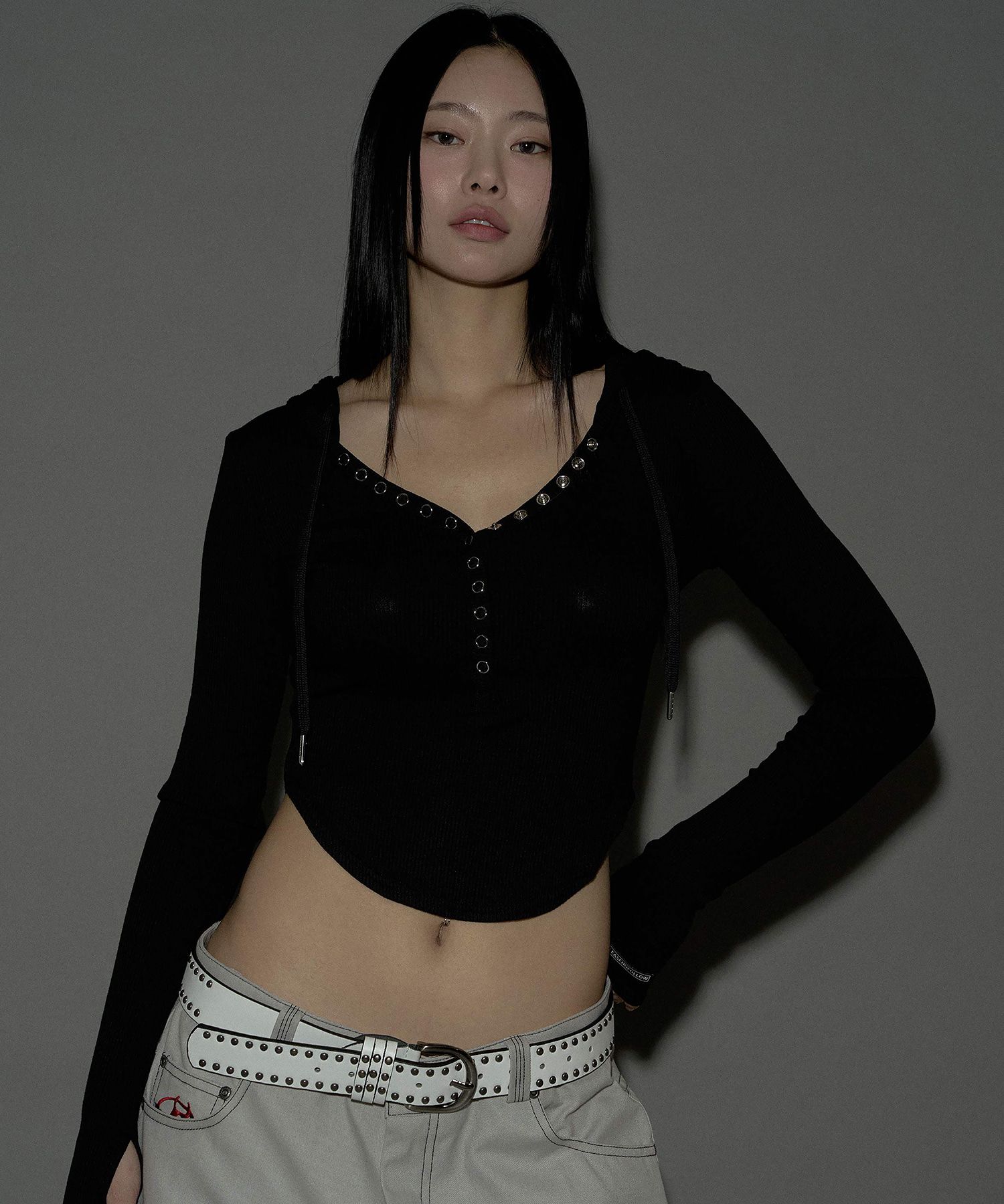 MUSINSA | PLEASENOFOLLOW 24FW Joi Ribbed Snap Hoodie Top (Black)