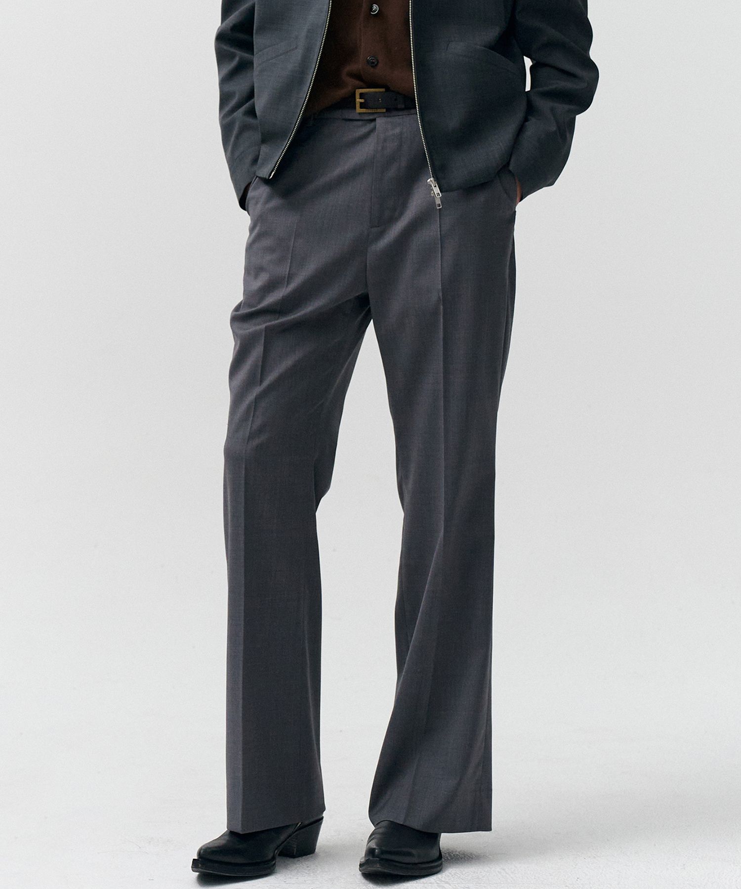 MUSINSA | NOIRER Light Wool Flare Slacks (Grey)