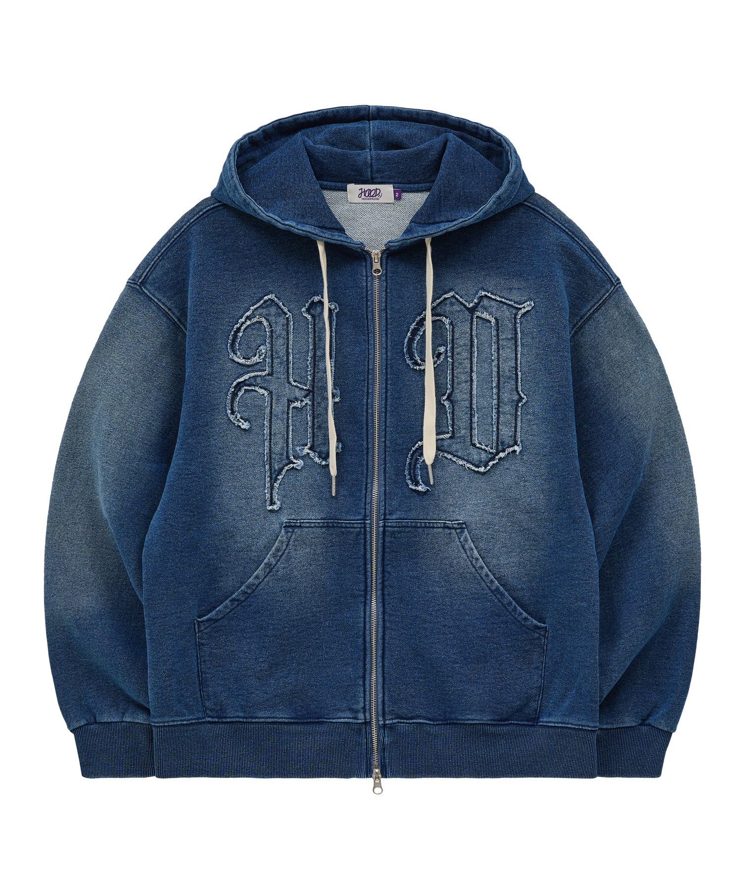 MUSINSA公式 | HOODHOOD HD Applique Washed Denim Hooded Zip-Up Deep Blue