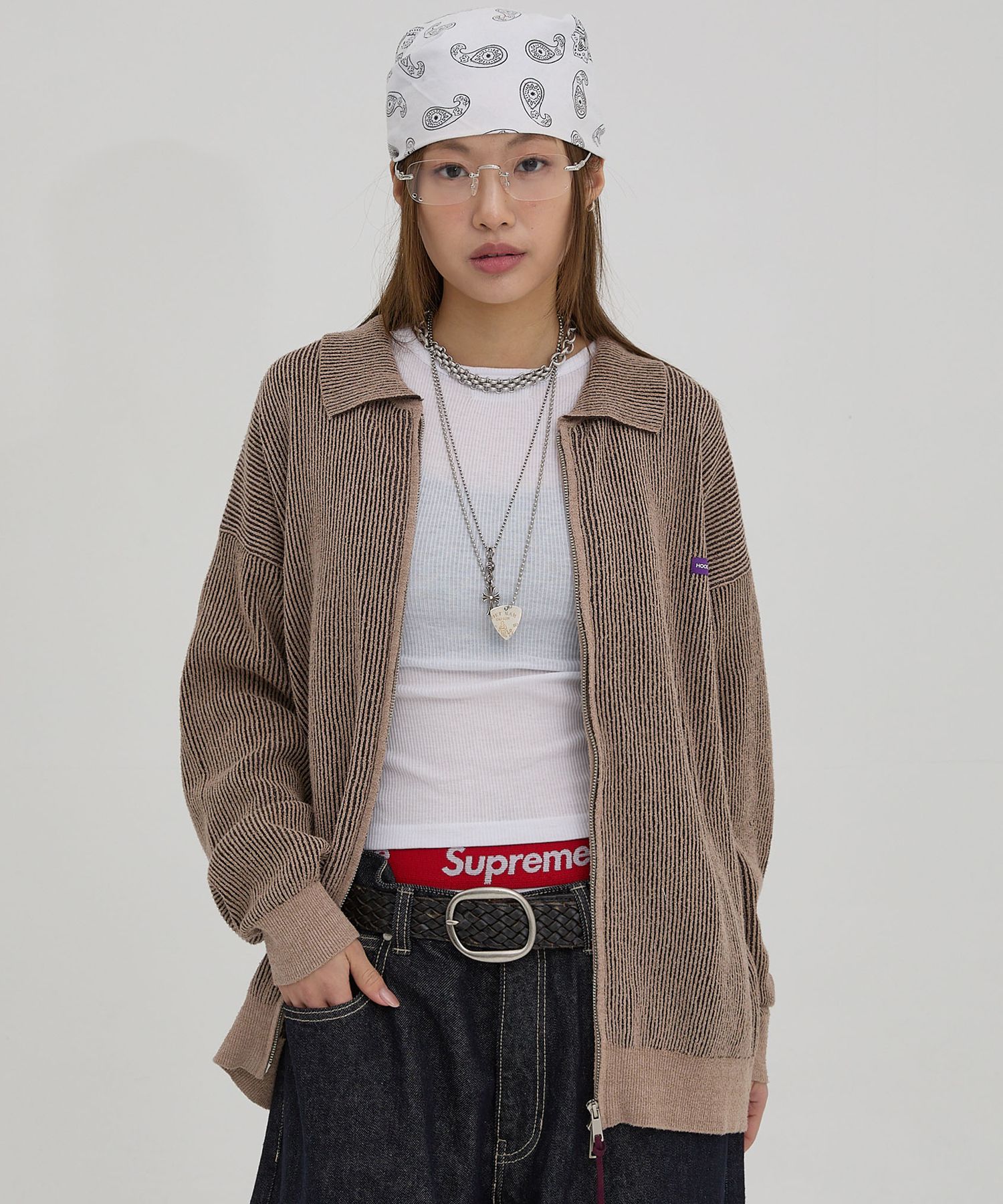 MUSINSA | HOODHOOD Two-tone collar knit zip-up beige