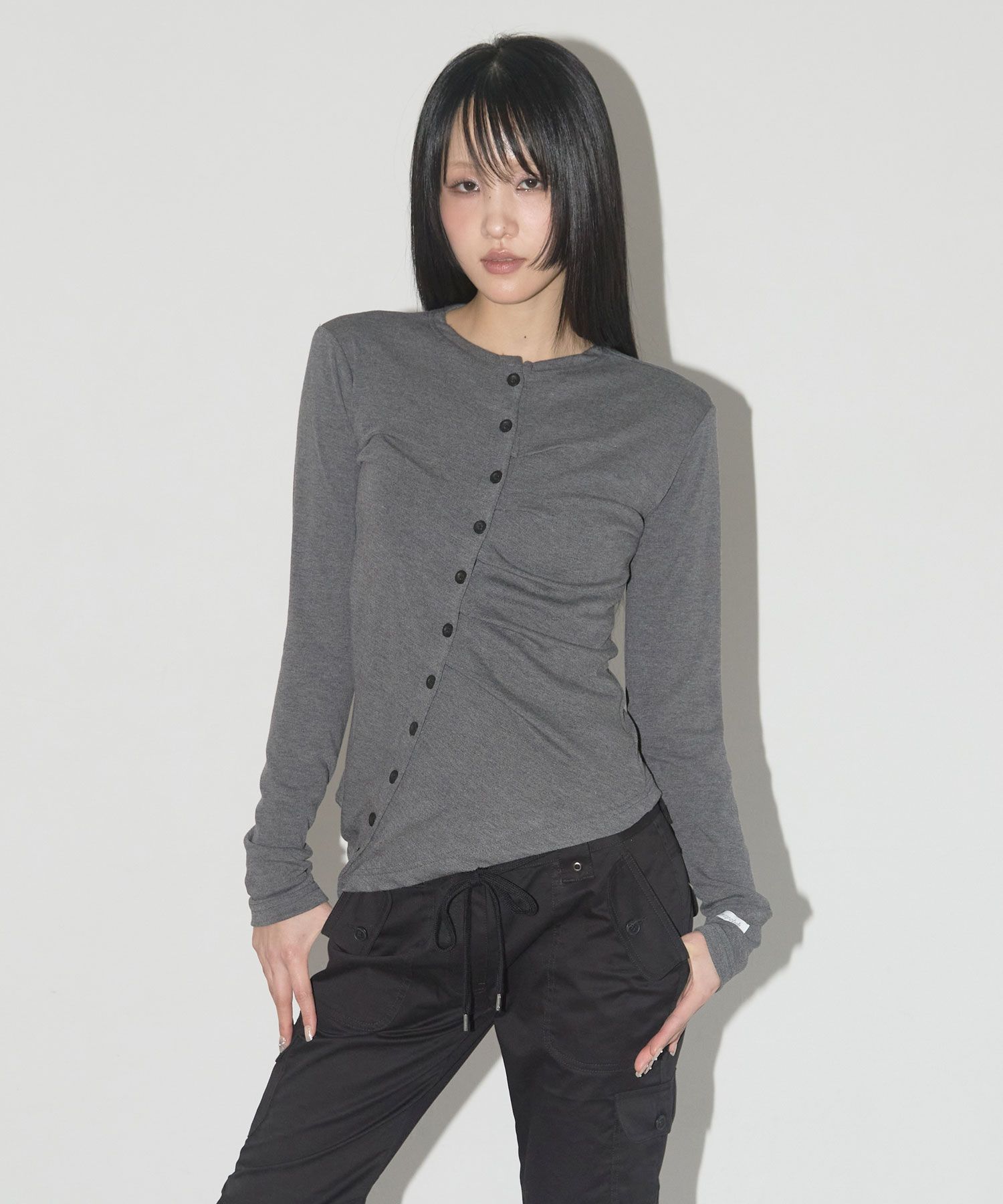 MUSINSA | FANCY CLUB Unbalanced shirring cardigan (CHARCOAL)_F25QB076