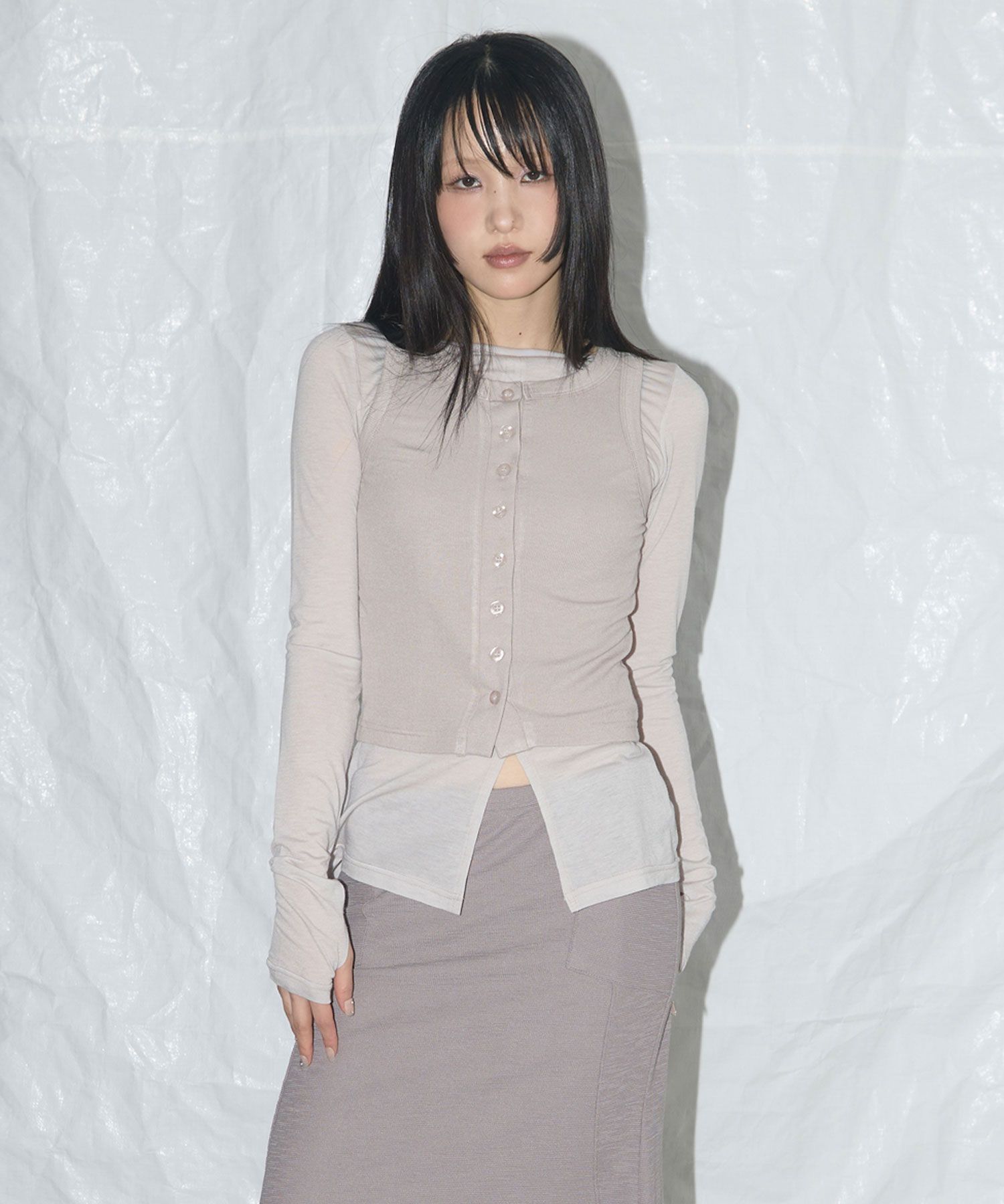 MUSINSA公式 | FANCY CLUB THREE WAY BUTTON LAYERED LONG SLEEVE (PINK BEIGE)_F25QB079