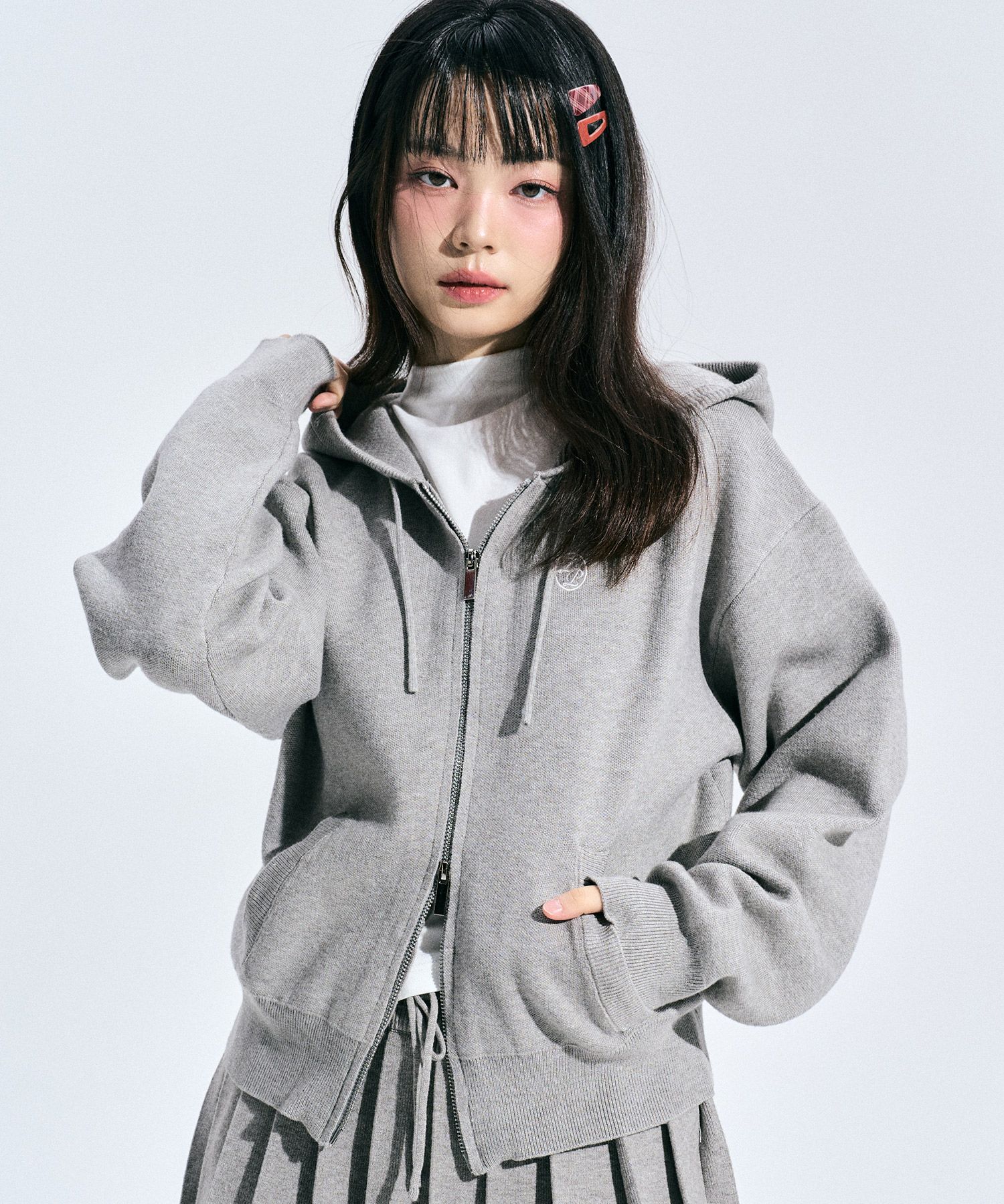 MUSINSA | ZEROPLANET Airi Two Way Knit Hooded Zip-up [GREY]