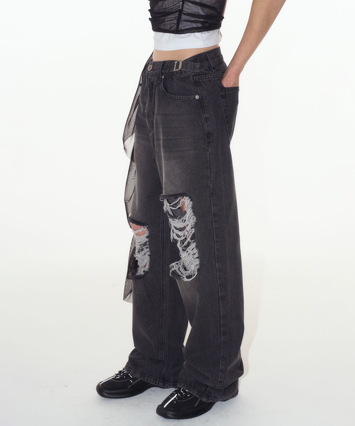 MUSINSA | PLACE STUDIO Natural Damage Destroyed Belted Wide Denim Pants ...