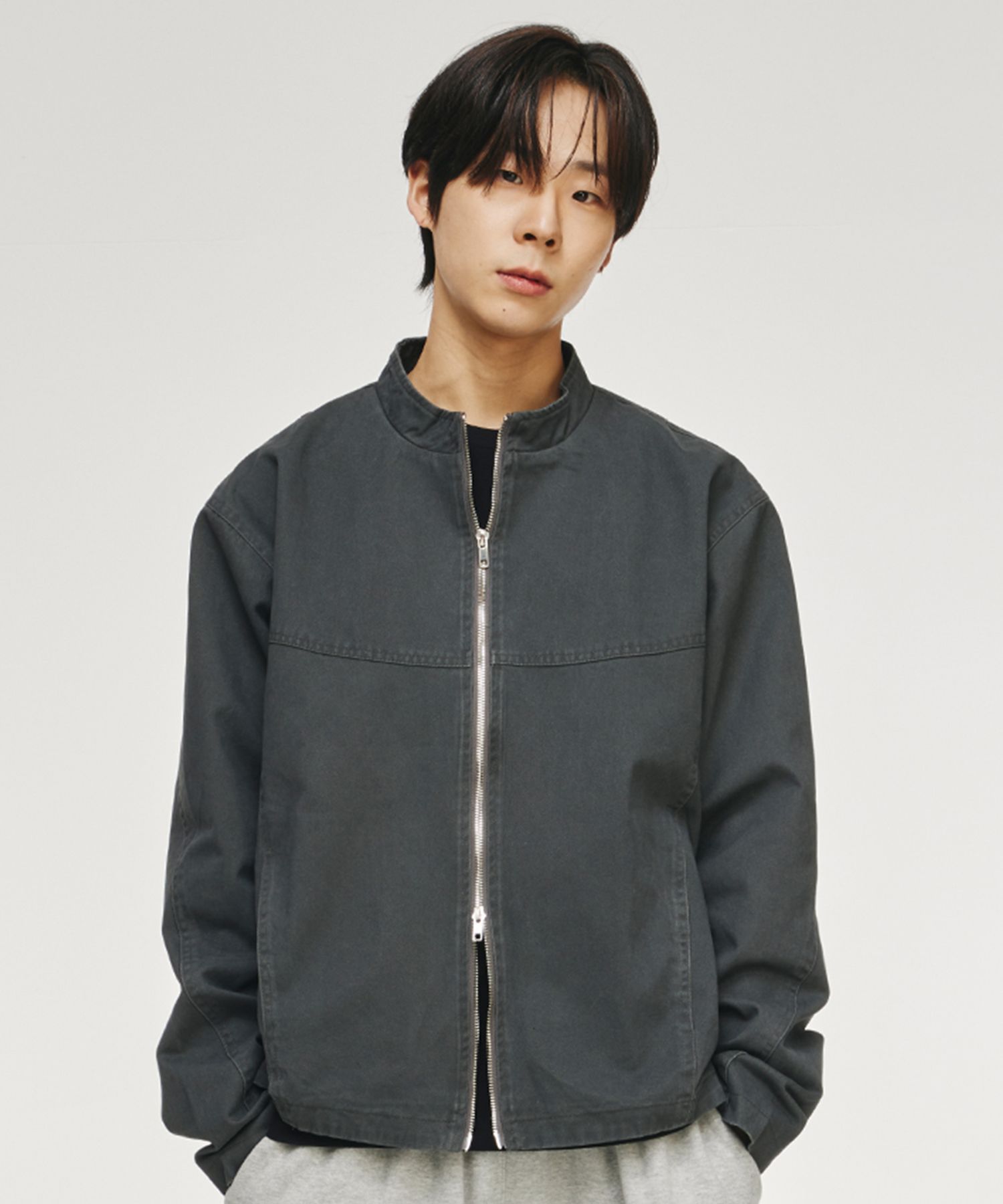 MUSINSA | SIGNATURE Washed Semi-Crop Biker Jacket [Grey]