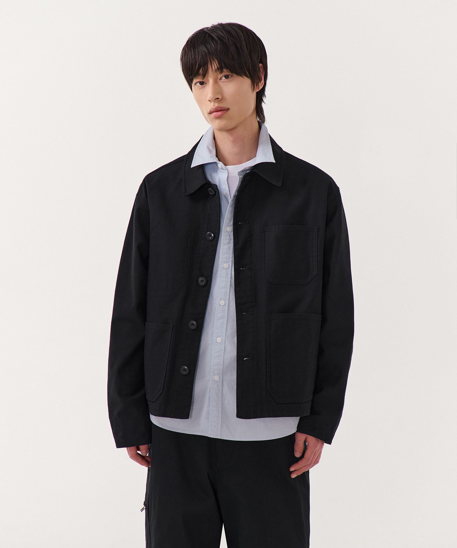 MUSINSA | MUSINSA STANDARD White Satin Short Chore Jacket [Black]