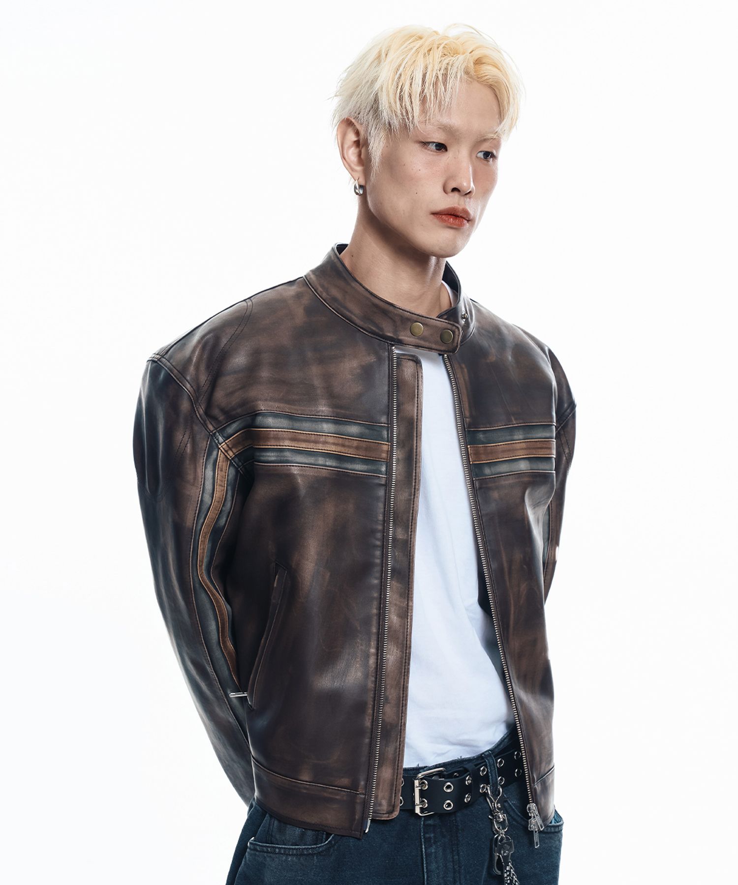 MUSINSA公式 | EASY NO EASY Washed Line Leather Jacket - Brown