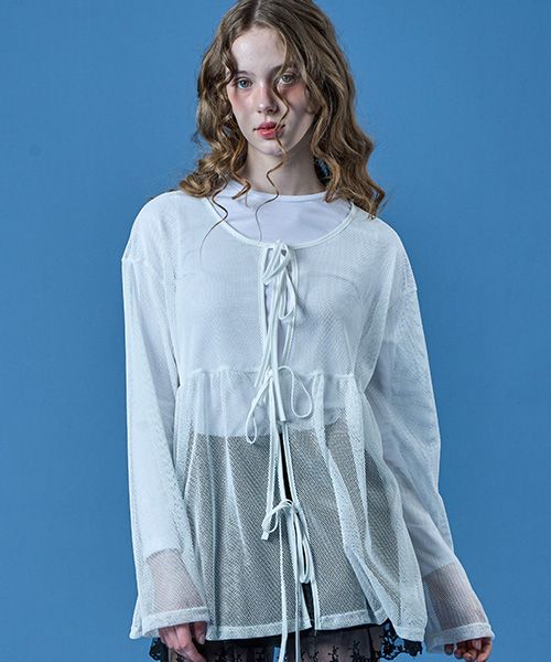 MUSINSA | KOLEAT See-through net ribbon layered long sleeve T-shirt [WHITE] KCL.