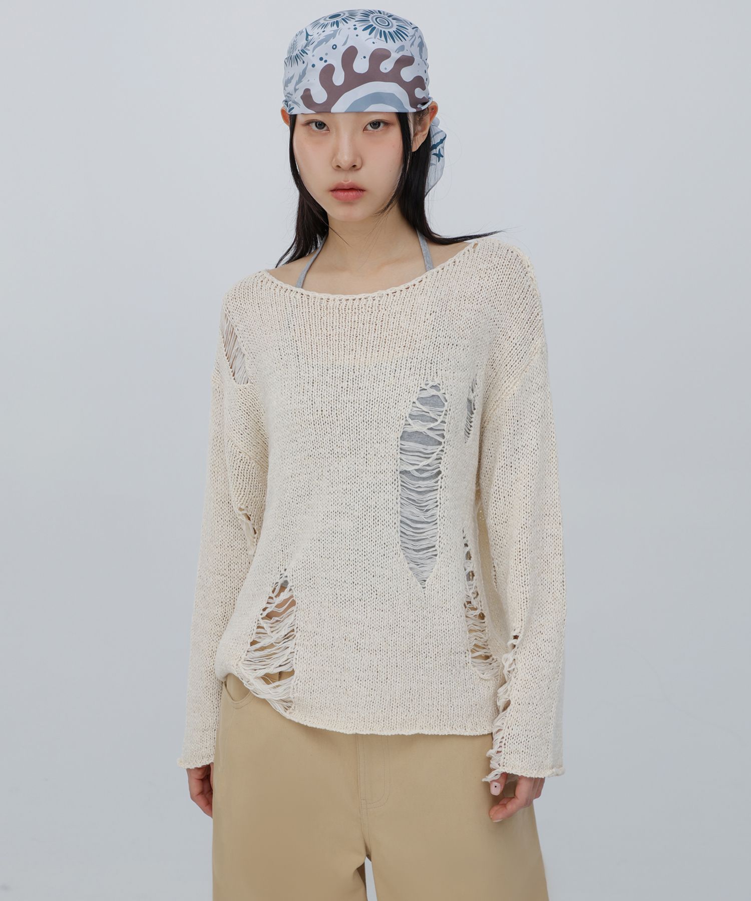 MUSINSA | CHICKS Rough Damage Knit Cream