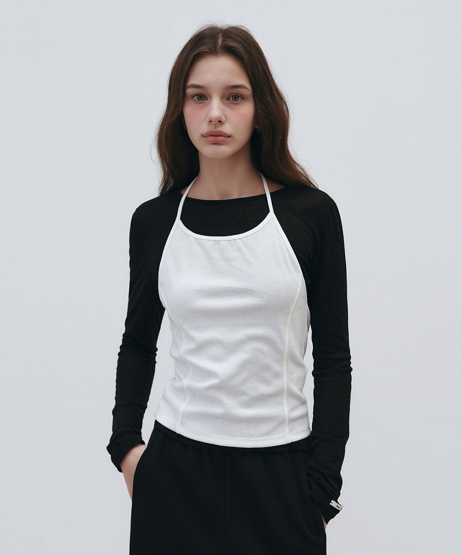 MUSINSA公式 | LOEIL Halter Layered T-Shirt Set - Black/Ivory