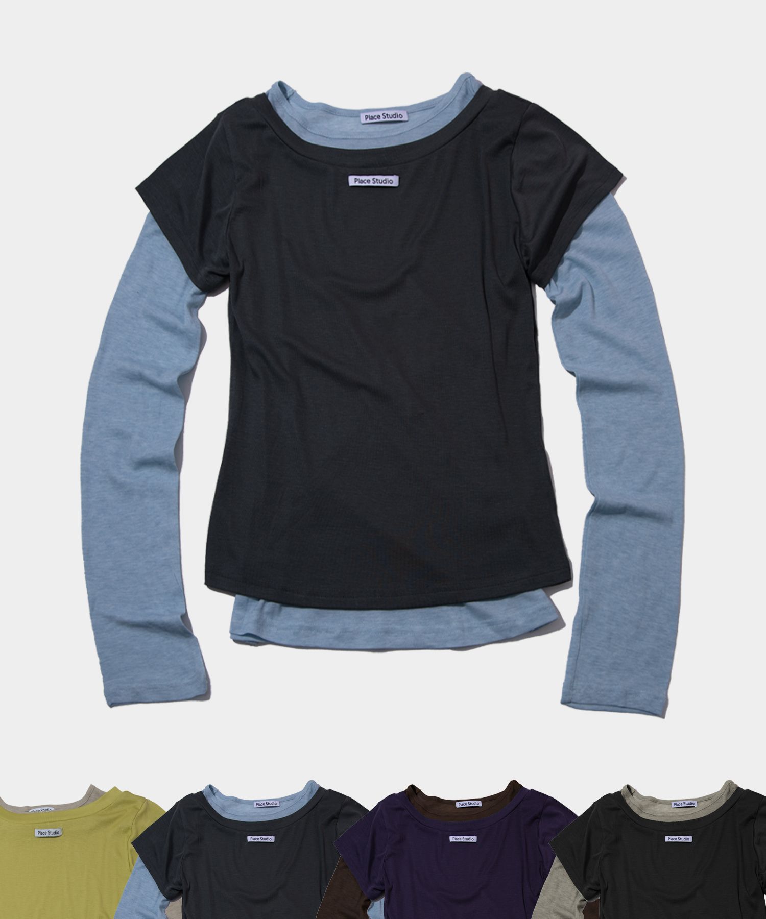 MUSINSA | PLACE STUDIO All-in-one unbalanced double-color layered long-sleeve tee set_4COLOR