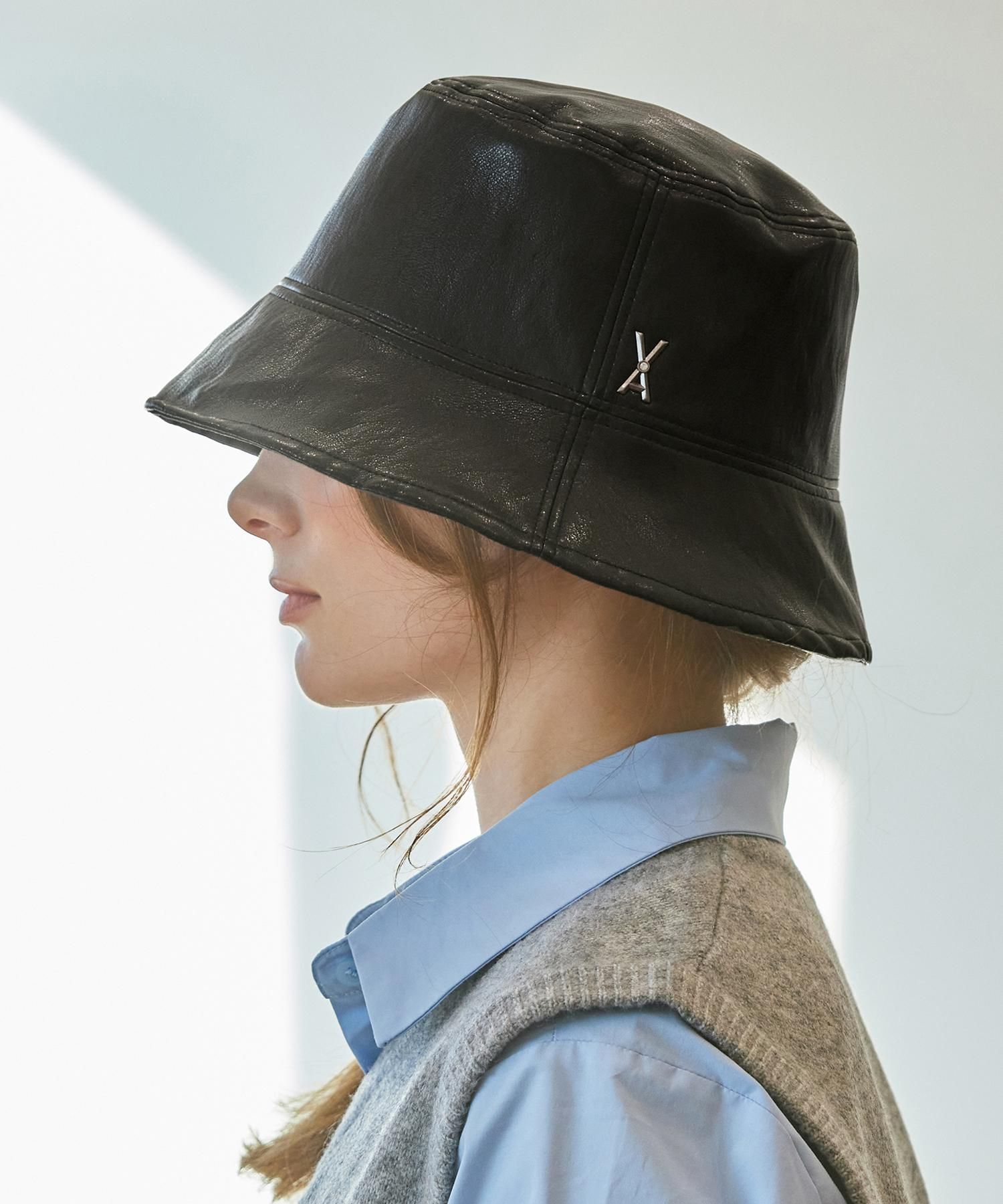 MUSINSA | VARZAR VA Cubic Stud Vegan Leather Drop Bucket Hat Black
