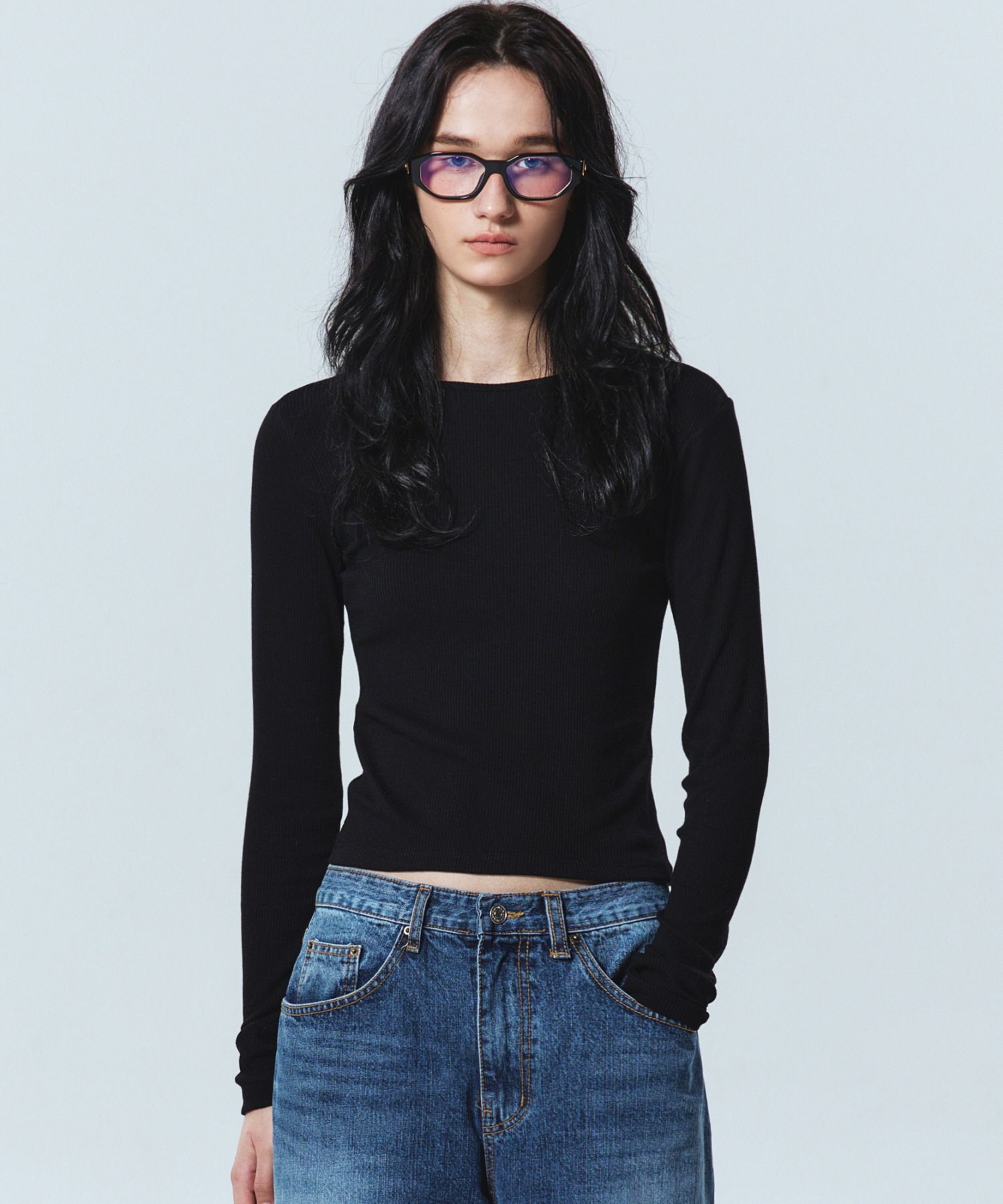 MUSINSA | NICK&NICOLE RIBBED SEMI CROP ROUND TOP_BLACK