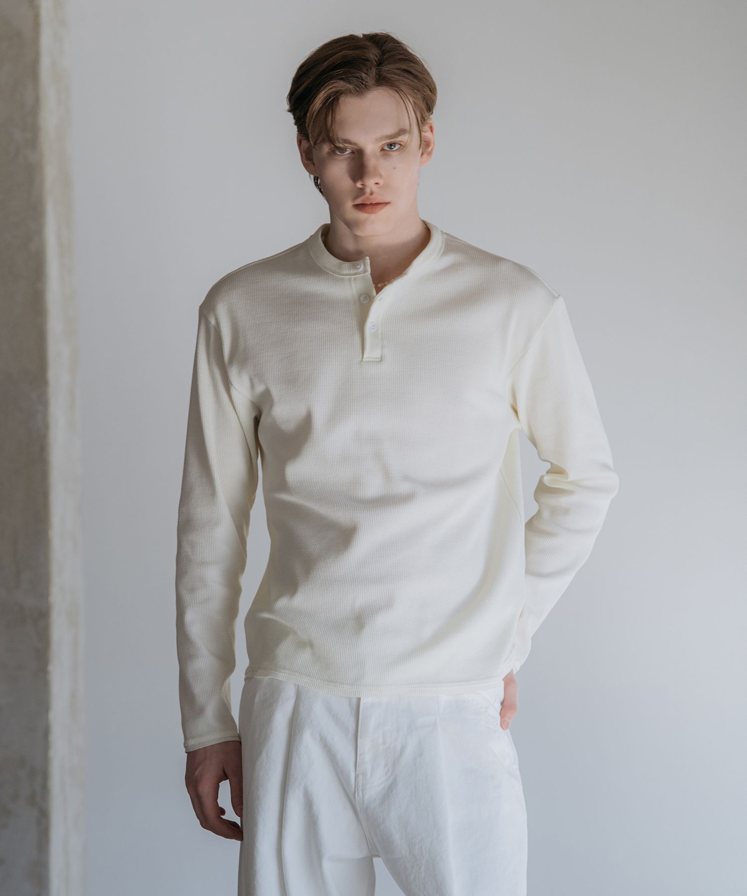 MUSINSA | DECOROSO Dima Cotton Henley Neck Long Sleeve T-Shirt [Ivory]