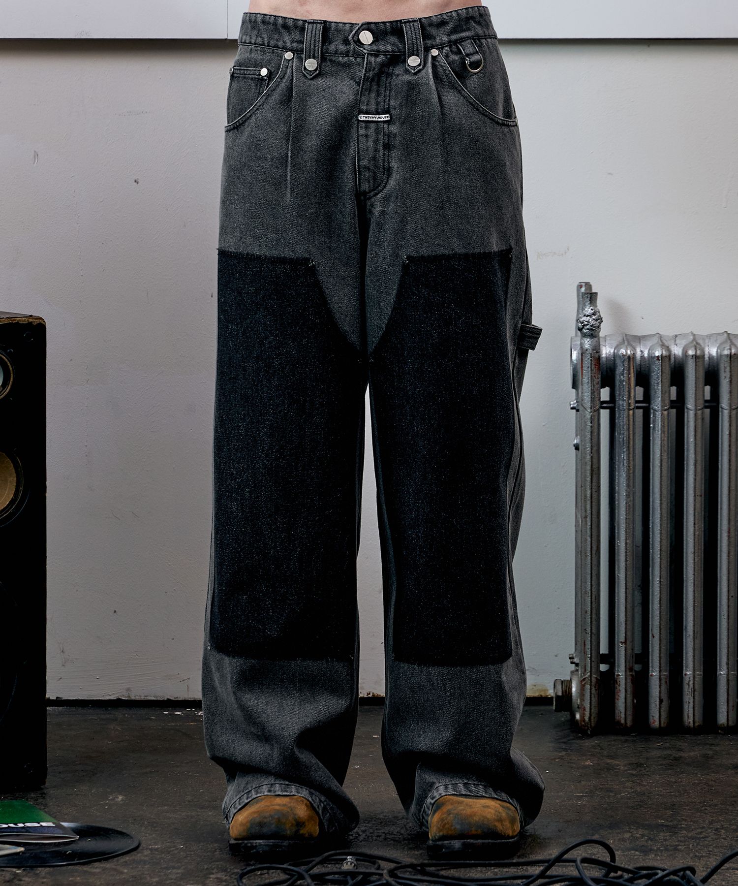 MUSINSA | THEVINYLHOUSE DOUBLE KNEE DENIM PANTS BLACK