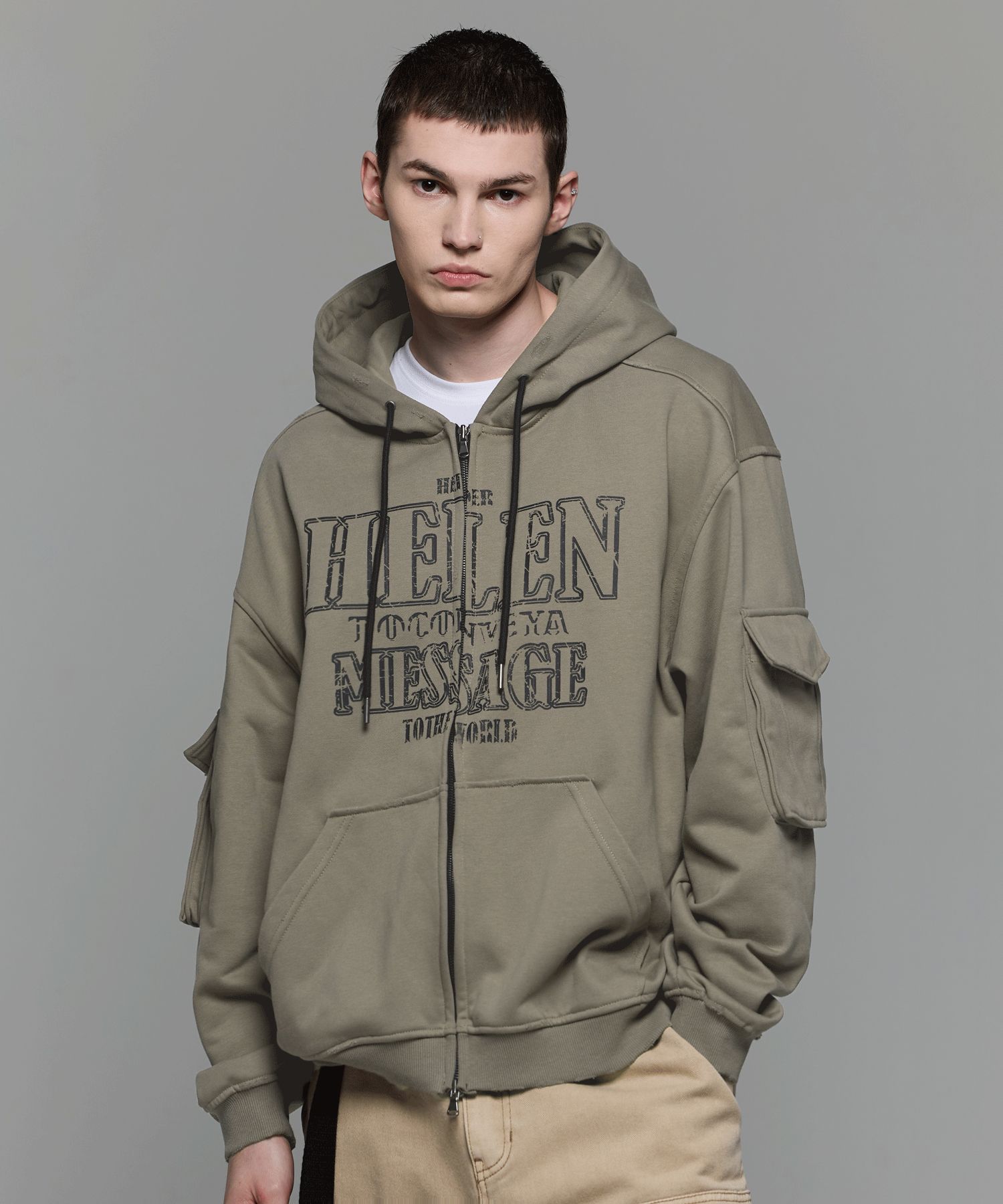 MUSINSA公式 | HEDER HELEN Damage cargo hood zip-up khaki grey