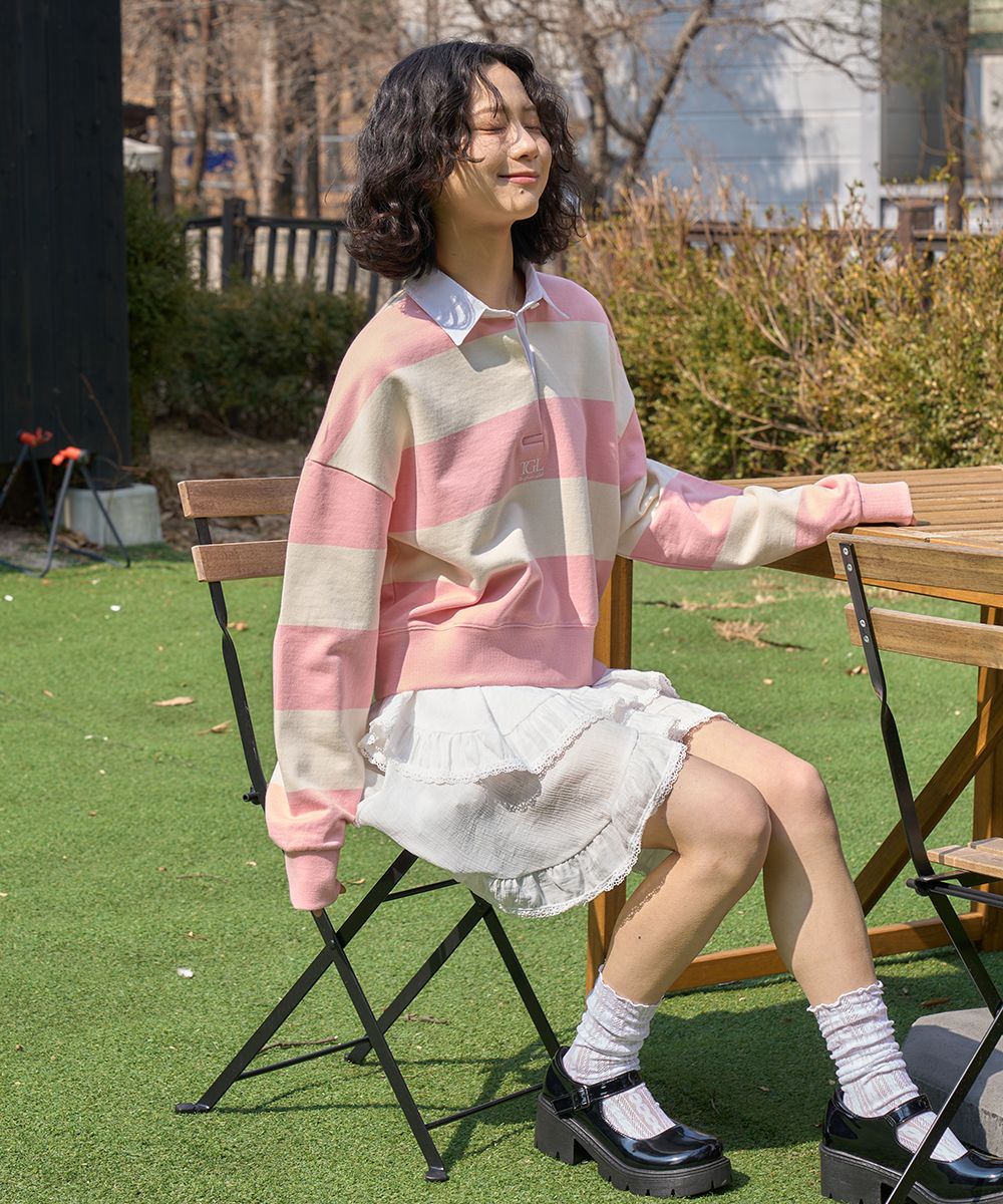 MUSINSA | THE GREEN LAB Stripe Rugby Collar Man to Man [Crop Fit, Pink]