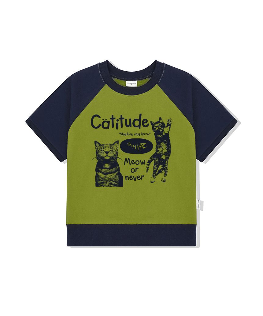 MUSINSA | ESCAPEFROM Cattitude Print Raglan Color Block Short Sleeve ...