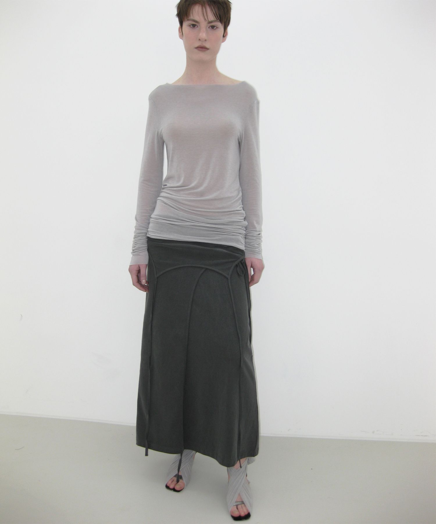 MUSINSA | CACELE SHIRRING TENCEL LONG SLEEVE, LIGHT GRAY