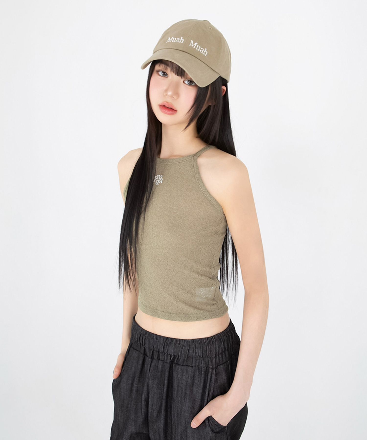 MUSINSA | MUAHMUAH Stitch Logo Halter Neck Sleeveless [Khaki]