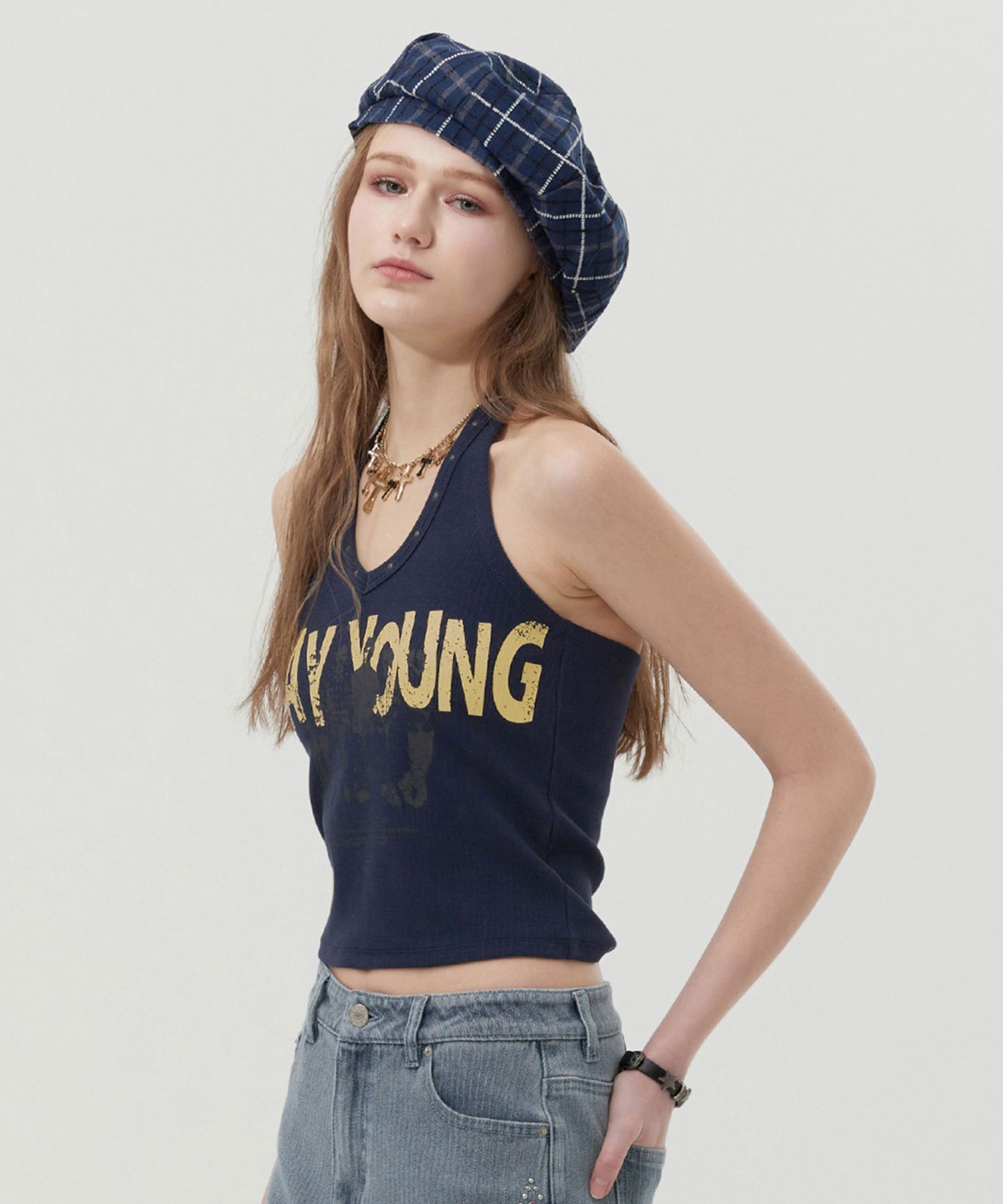 MUSINSA | KIRSH Graphic Halter Neck Sleeveless [Dark Navy]