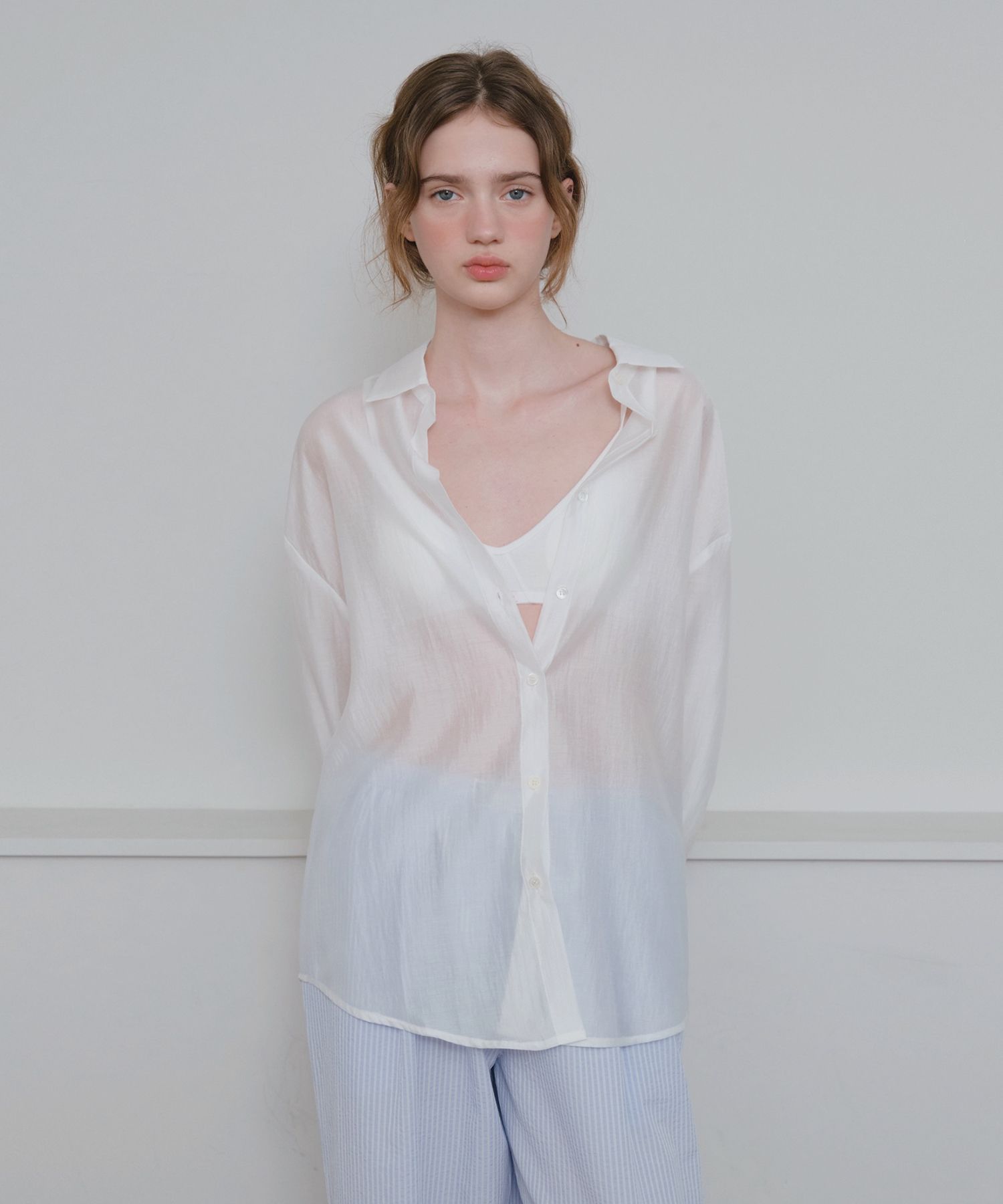 MUSINSA | HANE [Scrunchie SET] Tencel Glow Sheer Shirt_Milk Glow