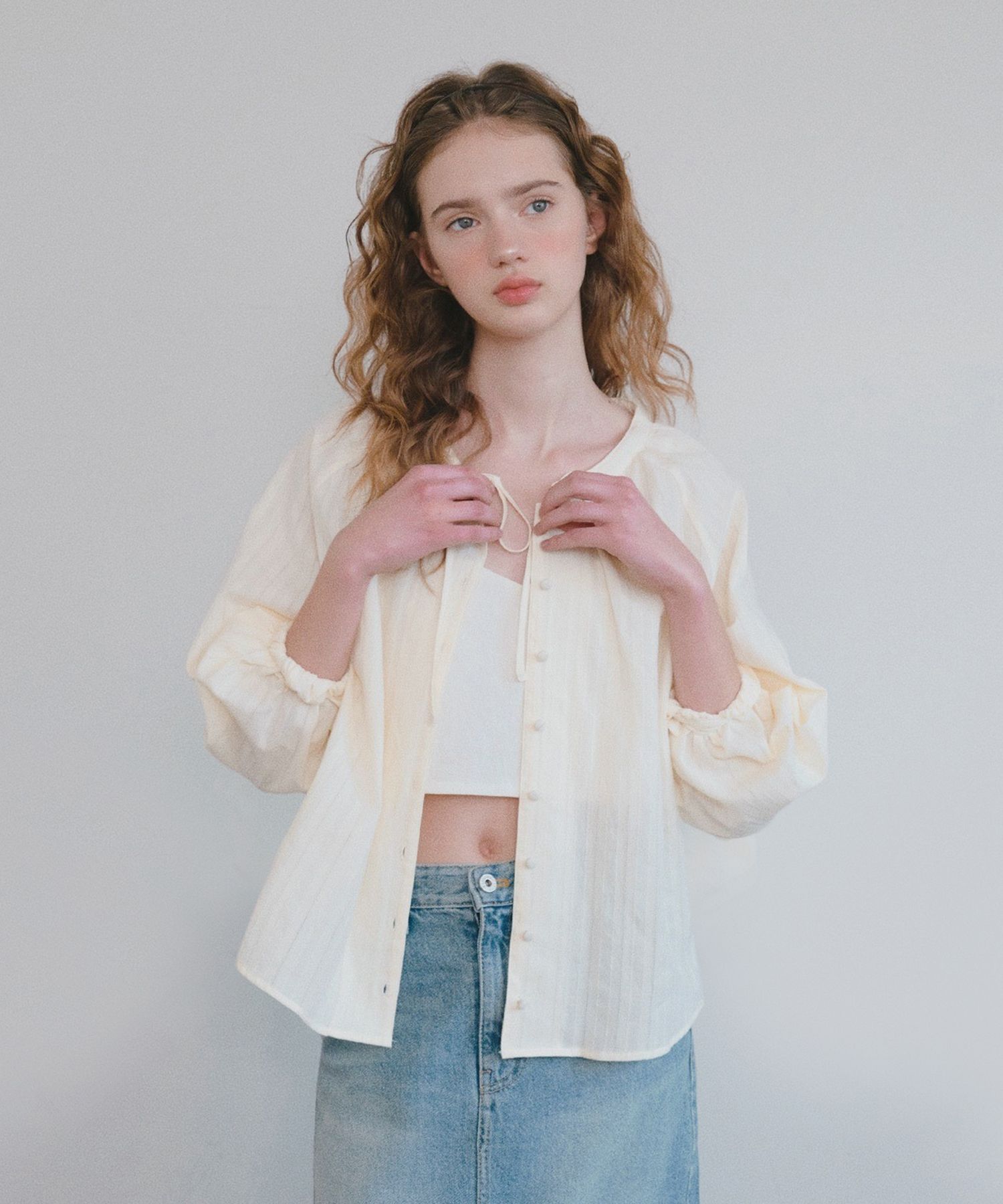 MUSINSA | HANE Shirring Strap Blouse_Banana