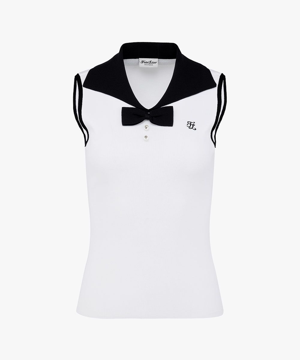 MUSINSA | FAIRLIAR Open collar ribbon sleeveless knit (white)