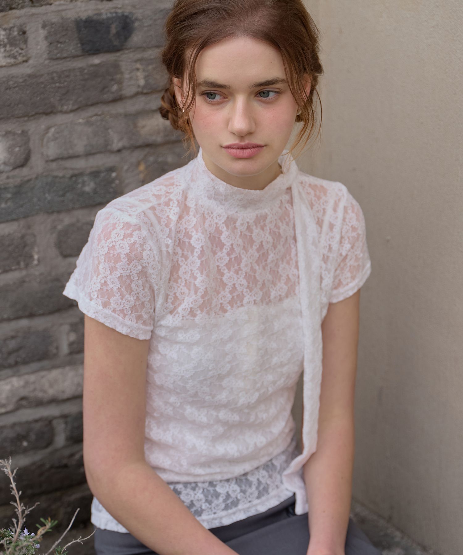 MUSINSA | LETTER FROM MOON Blin High Neck Flower See-Through Top (White)