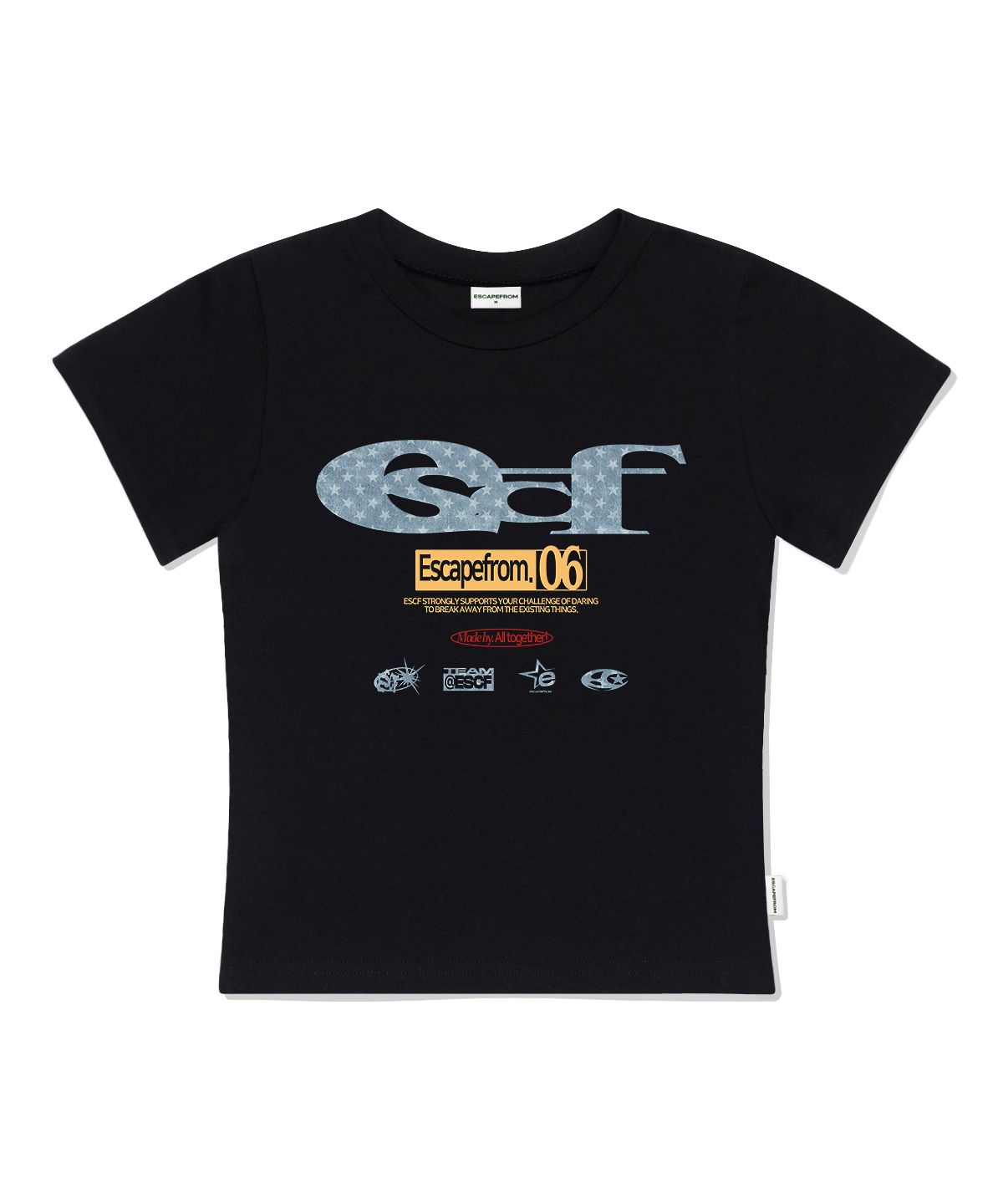 MUSINSA | ESCAPEFROM Star Denim ESCF Logo Collage Print Slim Fit Short ...