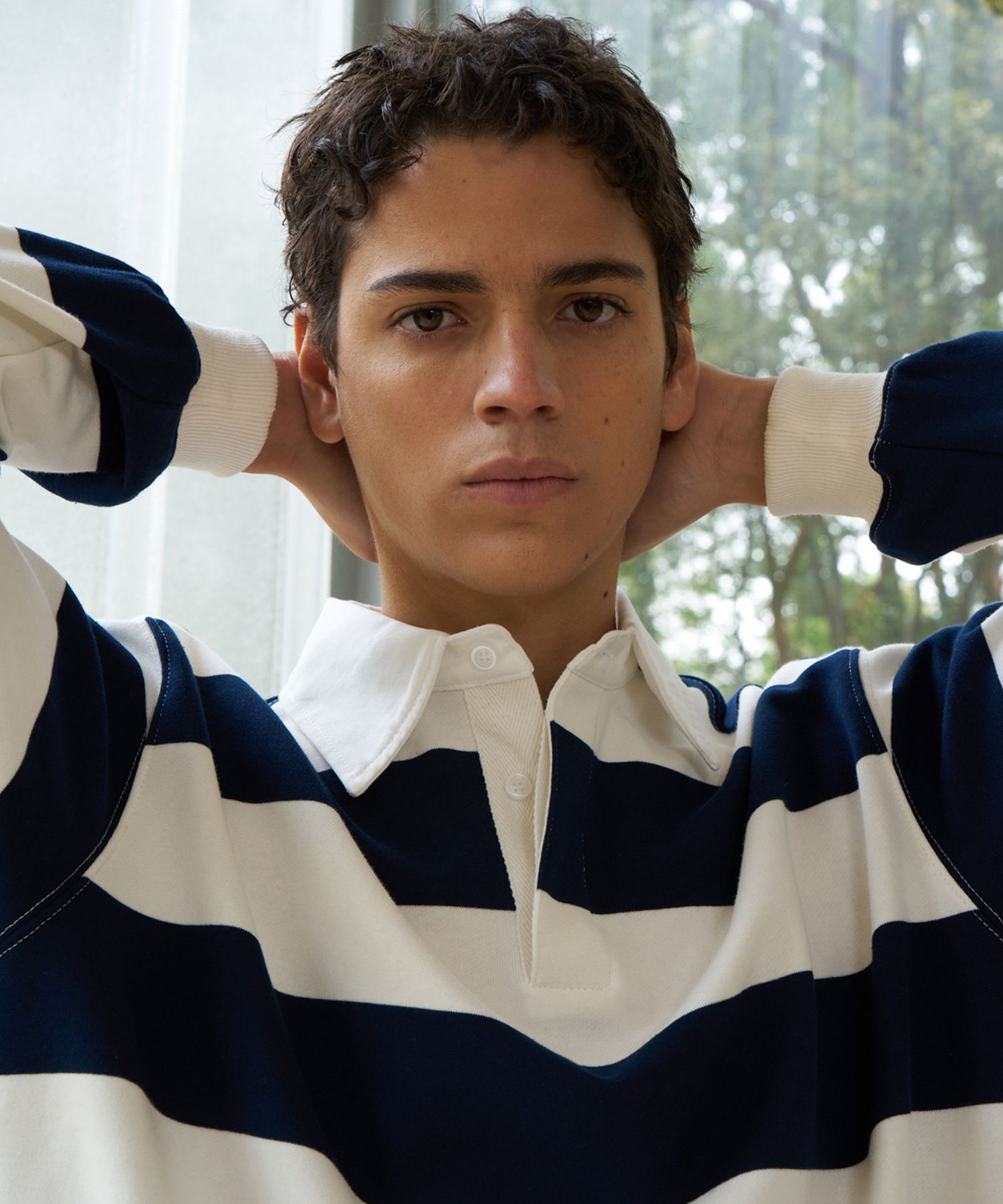 MUSINSA | MOOD INSIDE Stripe Rugby Collar Sweatshirt Man to Man_Navy